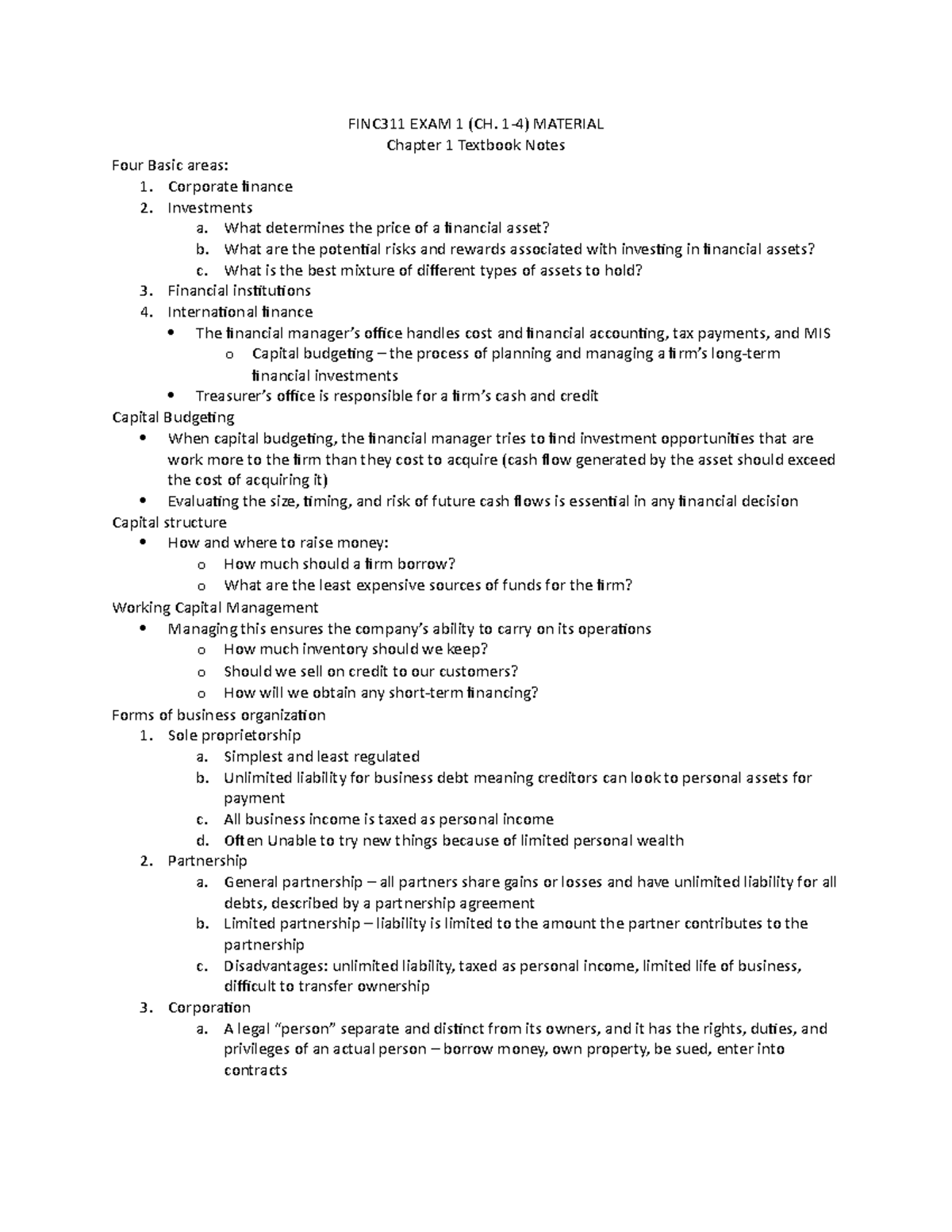FINC311 exam 1 - Exam 1 study guide with Professor Lynch - FINC311 EXAM ...