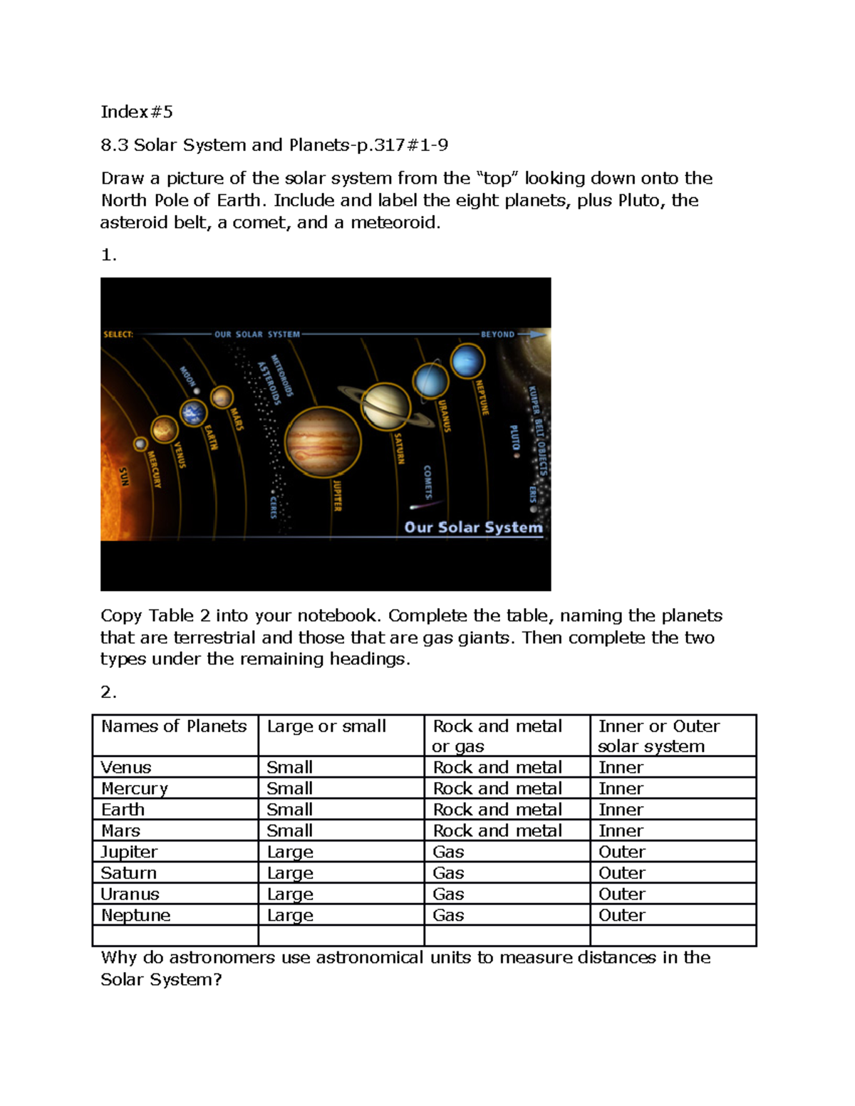 Scince-isu - Space study sheet. - Index# 8 Solar System and Planets-p#1 ...