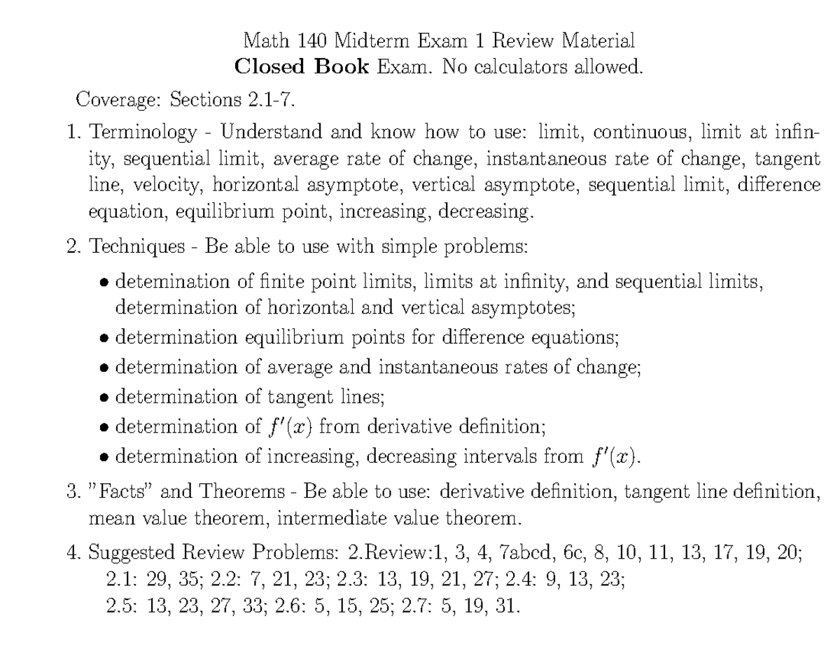 Midterm 1 review material guide - Math 140 Midterm Exam 1 Review Material Closed Book Exam. No ...