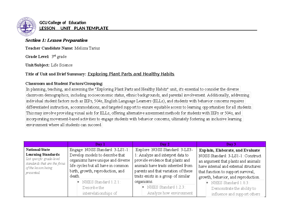 3-day unit plan - Section 1: Lesson Preparation Teacher Candidate Name ...