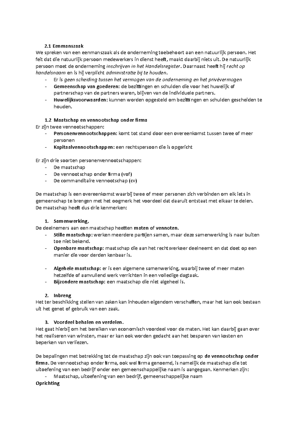 Ondernemingsrecht H2 Ondernemingsvormen zonder rechtspersoonlijkheid ...
