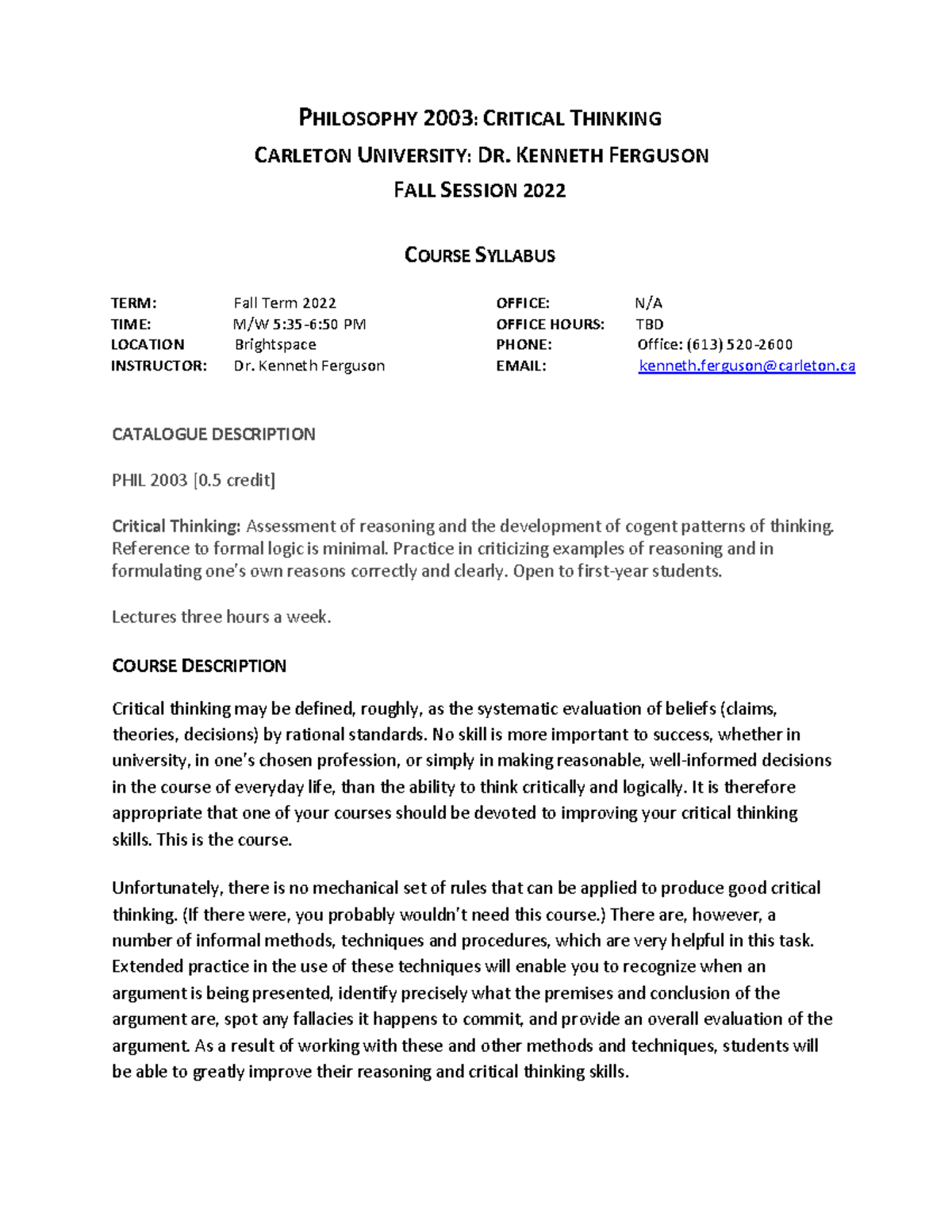 2003 Course Description 2022 A - PHILOSOPHY 2003 : CRITICAL THINKING ...