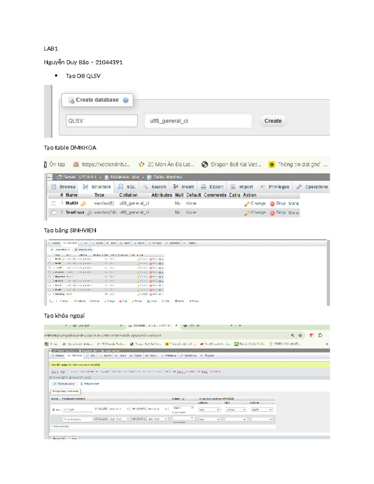sadsadsadsadas Lab1 - LAB Nguyễn Duy Bảo – 21044391 Tạo DB QLSV Tạo table DMKHOA Tạo bảng ...