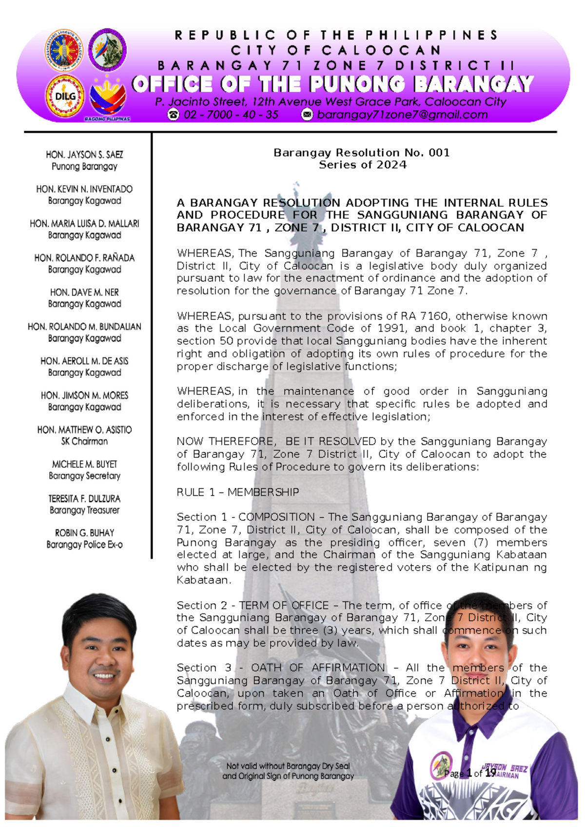 Internal Rules AND Procedure - Barangay Resolution No. 001 Series of ...