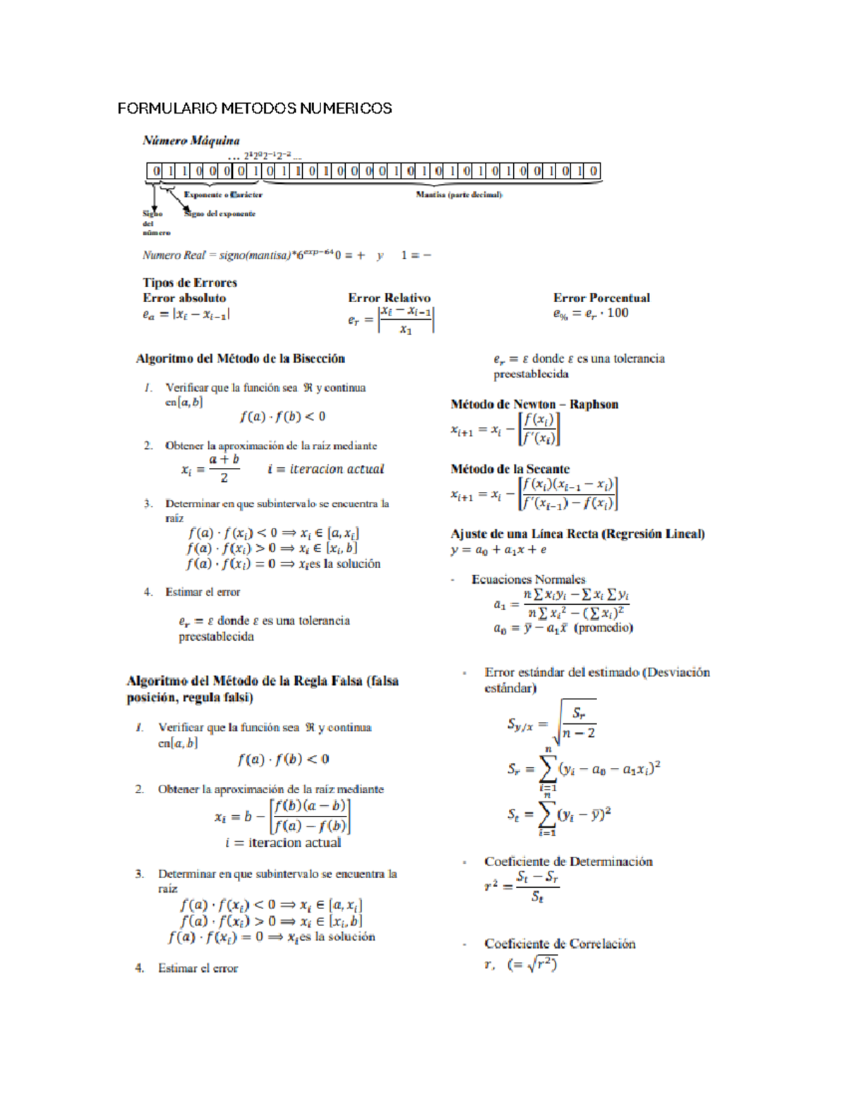 Formulario Metodos Numericos - FORMULARIO METODOS NUMERICOS Número Máquina 0 1 0 0 0 0 1 0 1 0 0 ...
