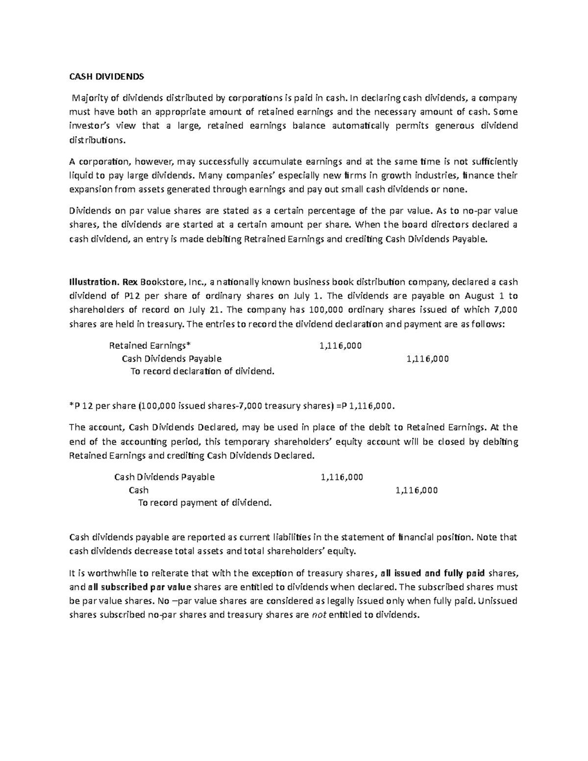 CASH Dividends - notes in accounting - CASH DIVIDENDS Majority of ...