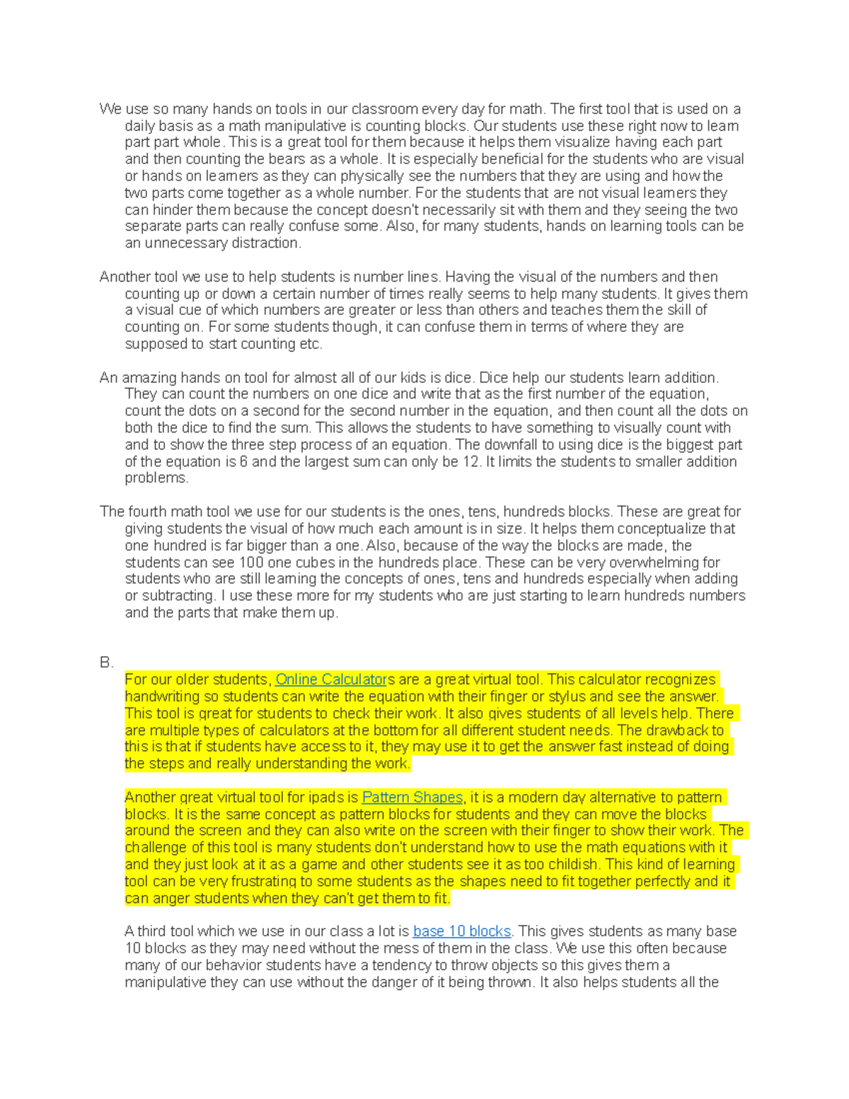 task 1 - c109 elementary math methods - We use so many hands on tools ...