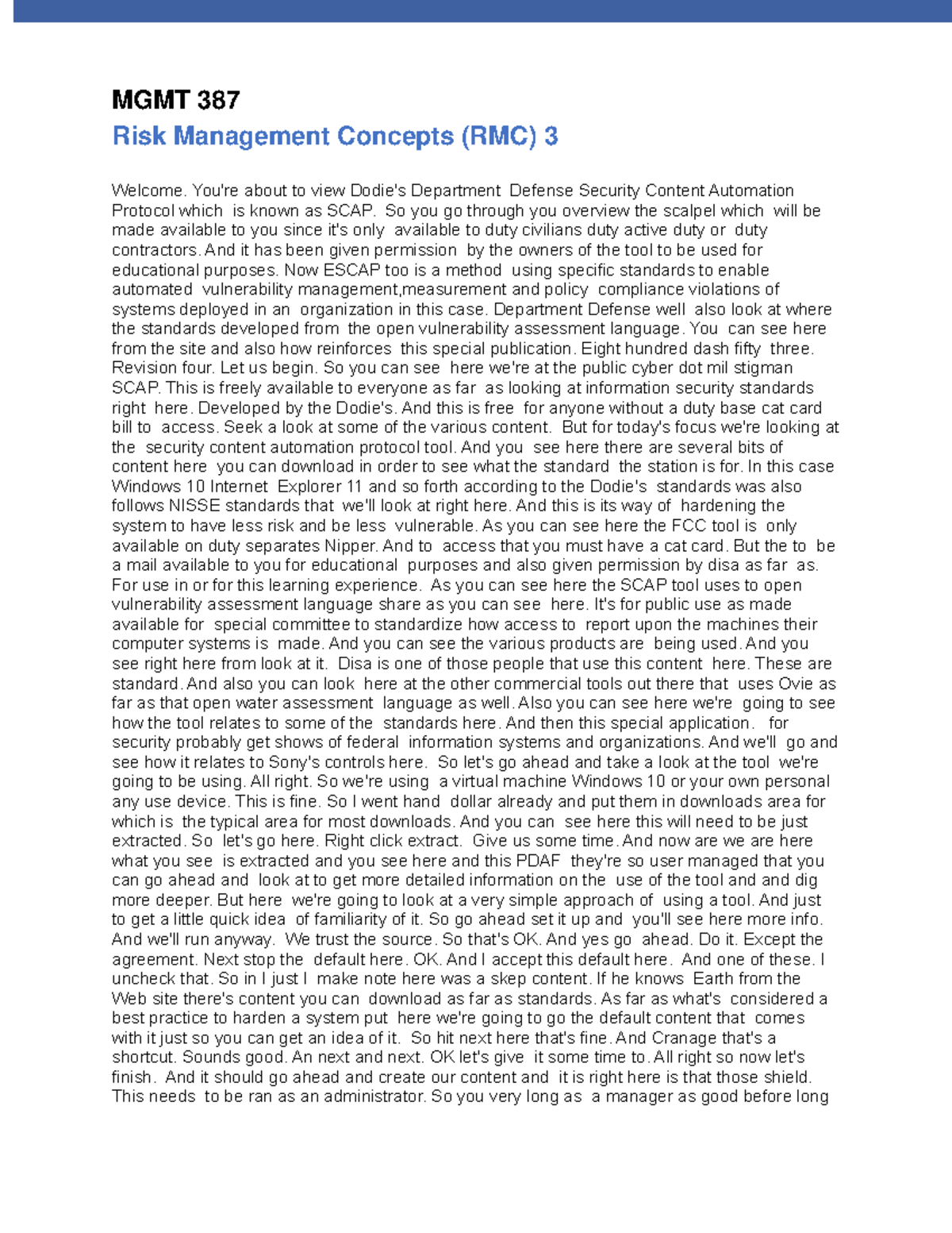 Risk Management Concepts (RMC) 3 - You're about to view Dodie's ...