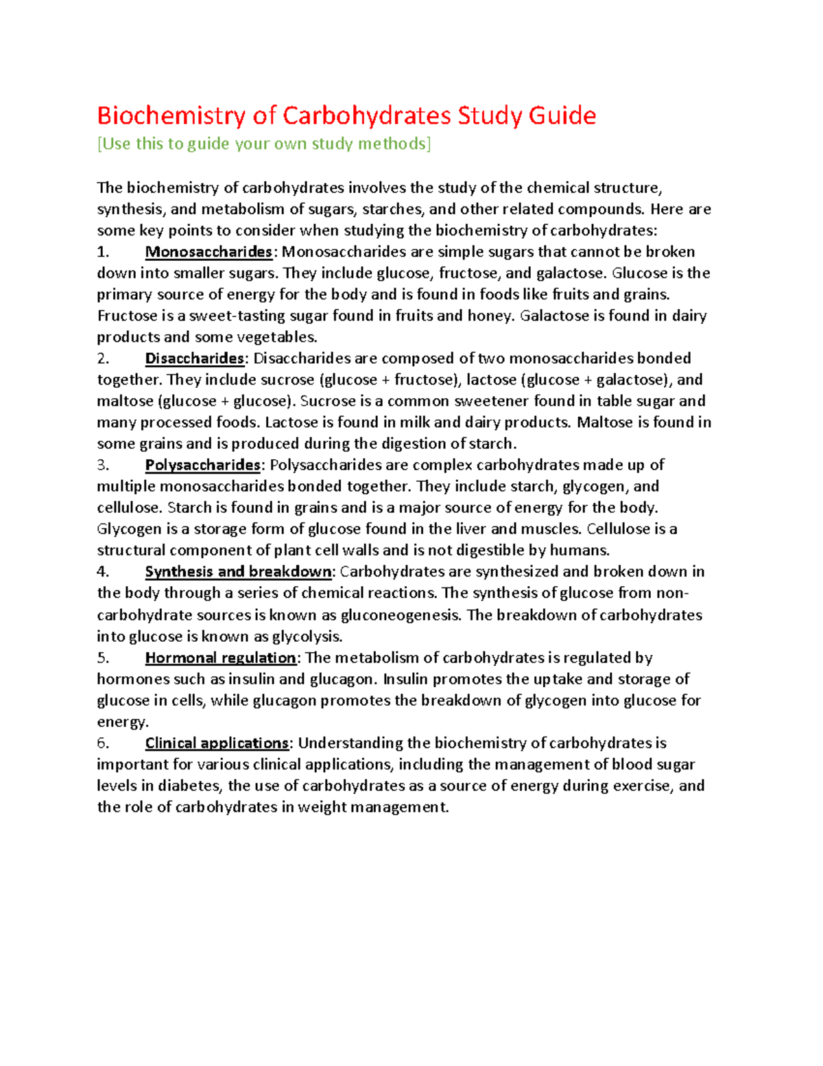 Biochemistry Carbohydrates Study Guide - Biochemistry of Carbohydrates ...