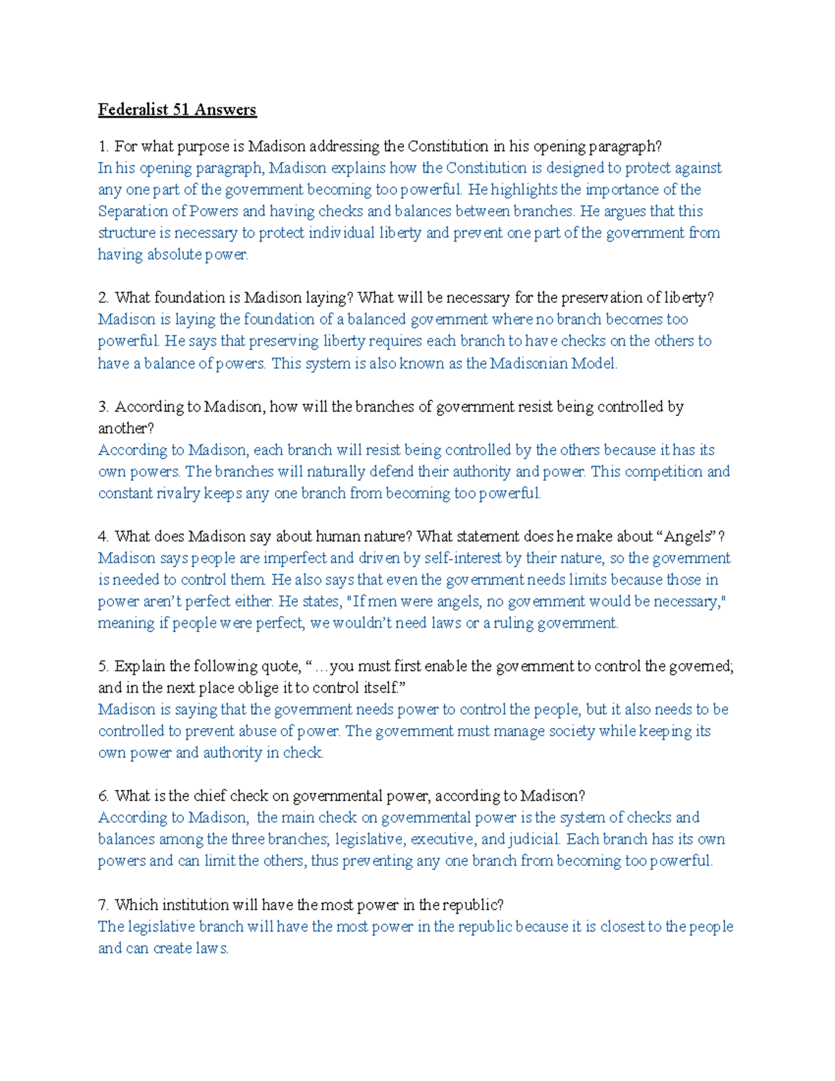 Federalist 51 - Federalist 51 Answers 1. For what purpose is Madison ...