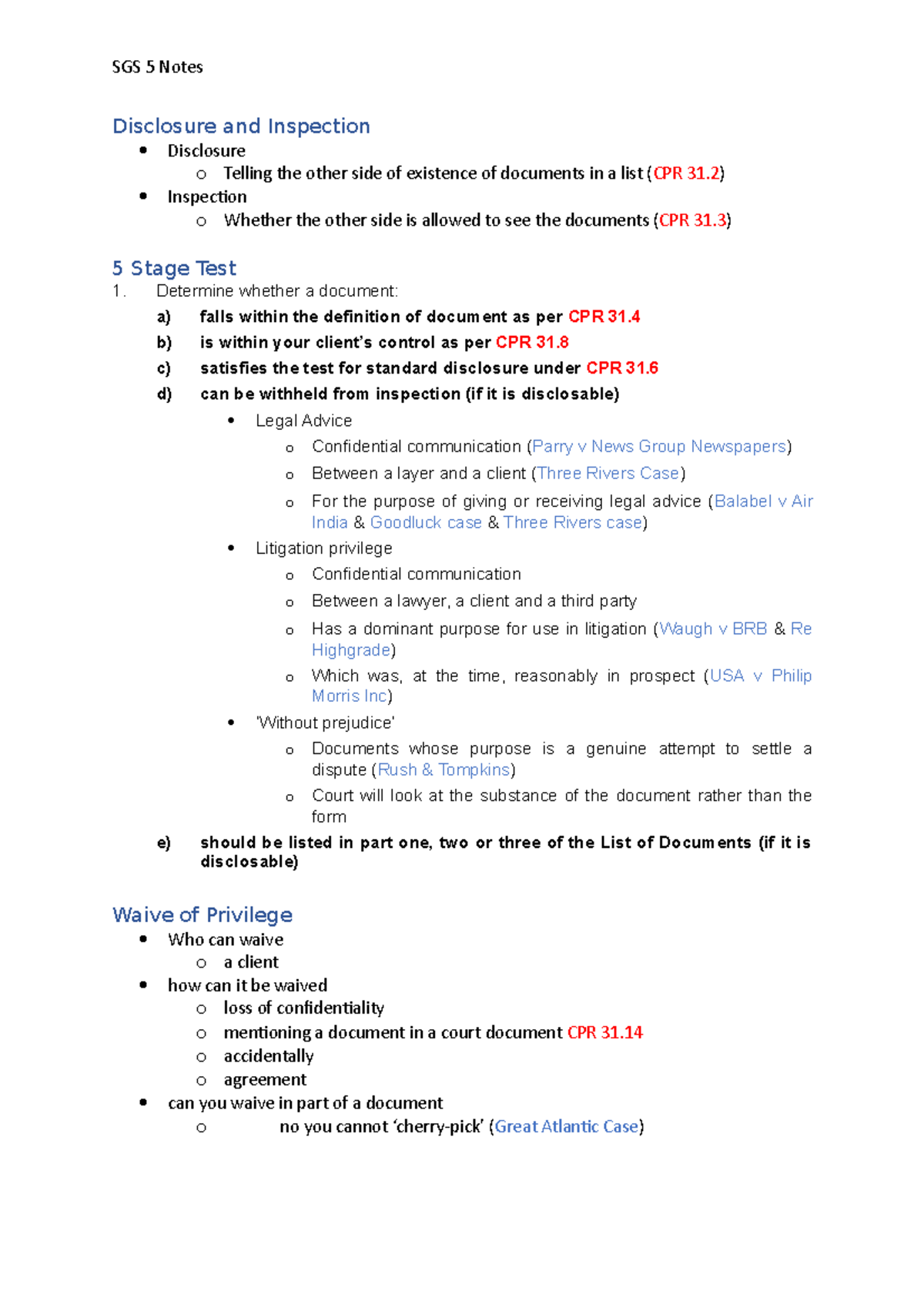 SGS 5 - Disclosure - SGS 5 Notes Disclosure and Inspection Disclosure o ...