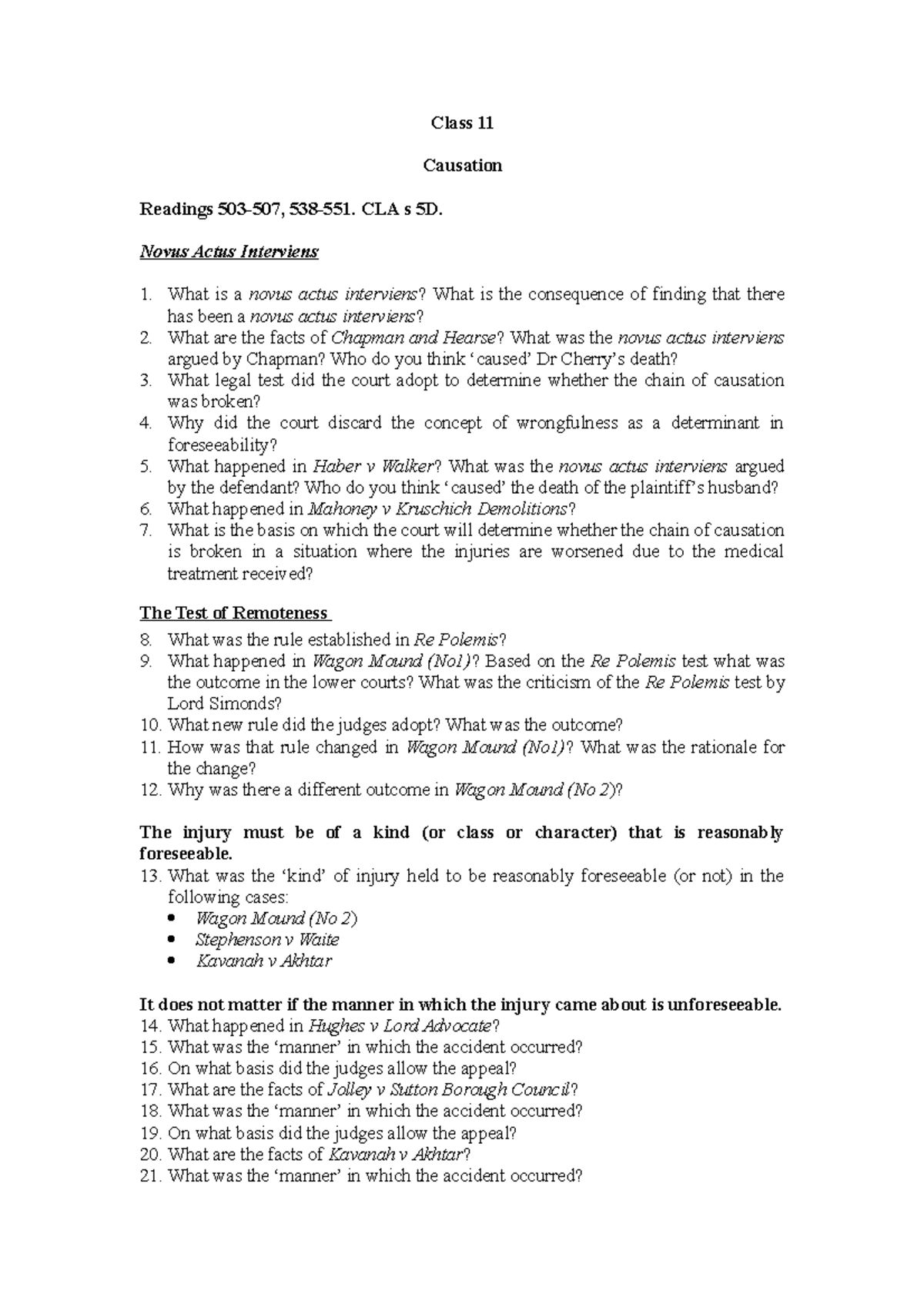 Class 11. Intervening Acts and the Test of Remoteness - Class 11 ...