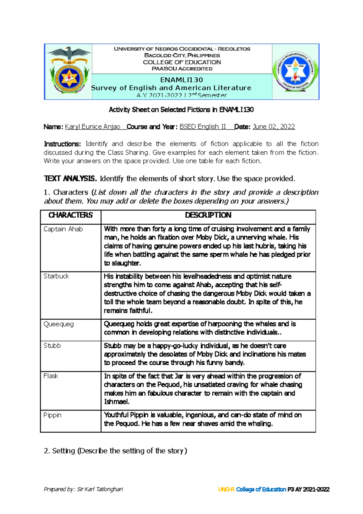 Anjao Fiction Moby-Dick - Activity Sheet on Selected Fictions in ENAMLI ...