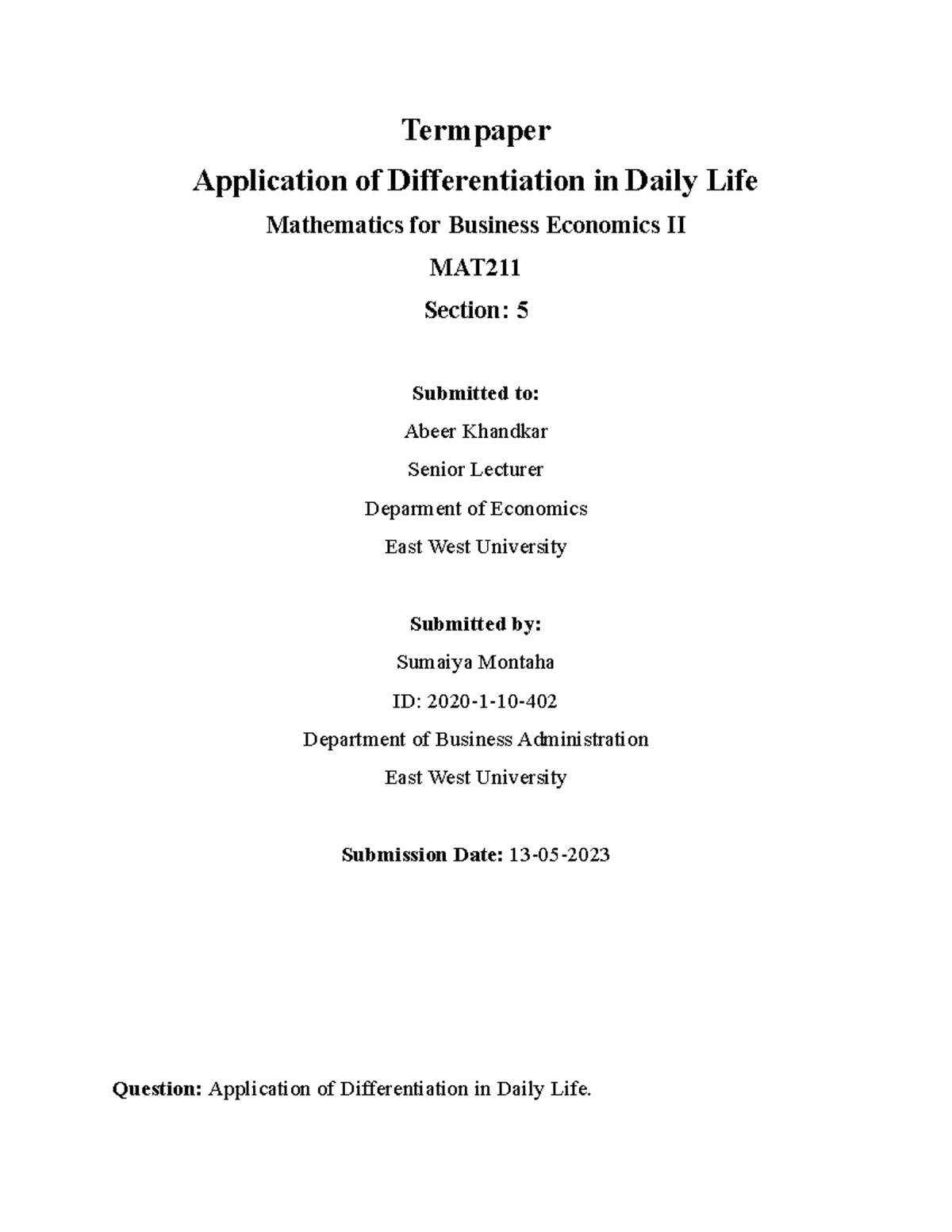 Document - mat - Mathematics for Business and Economics II - EWU - Studocu