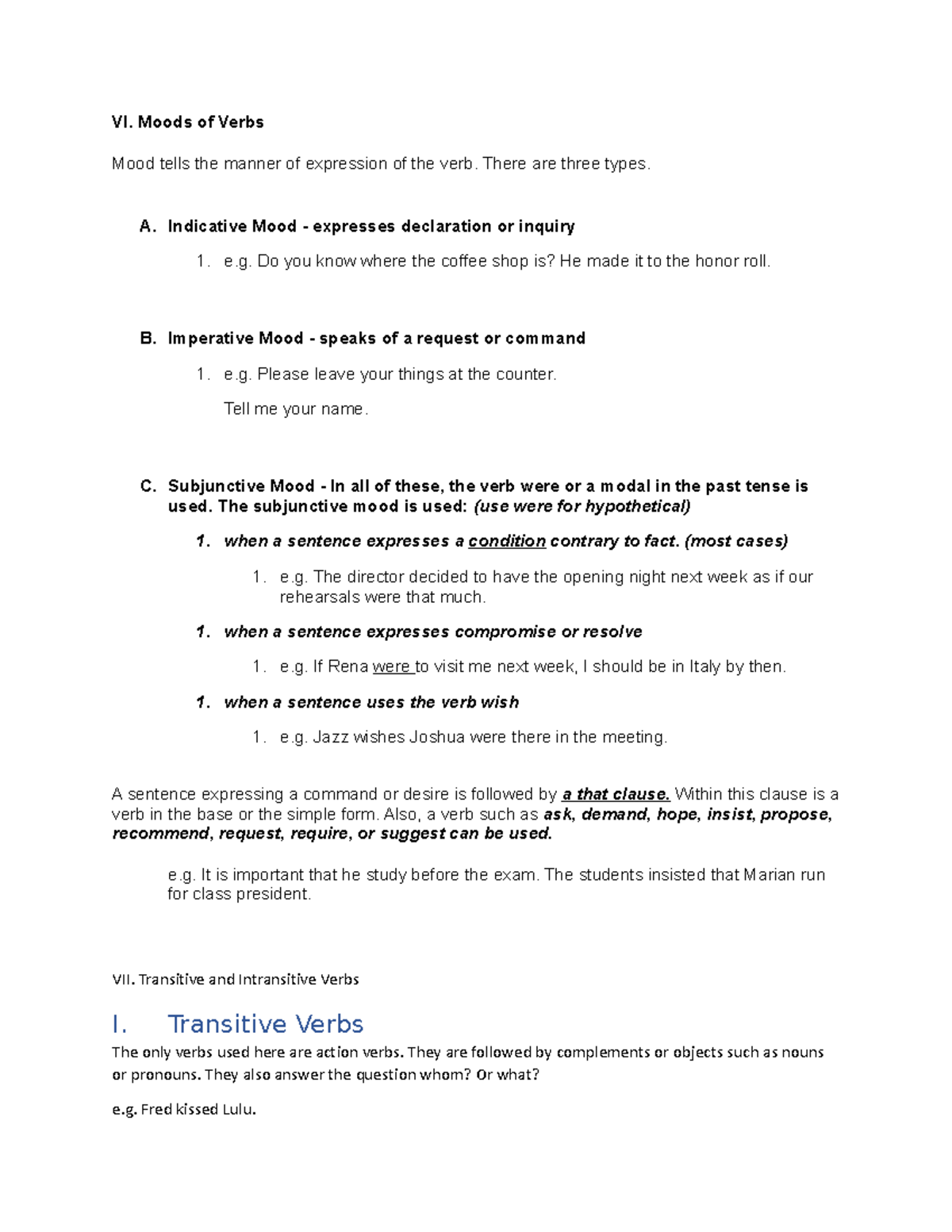 Msa WORD VER - Additional Notes - VI. Moods of Verbs Mood tells the ...