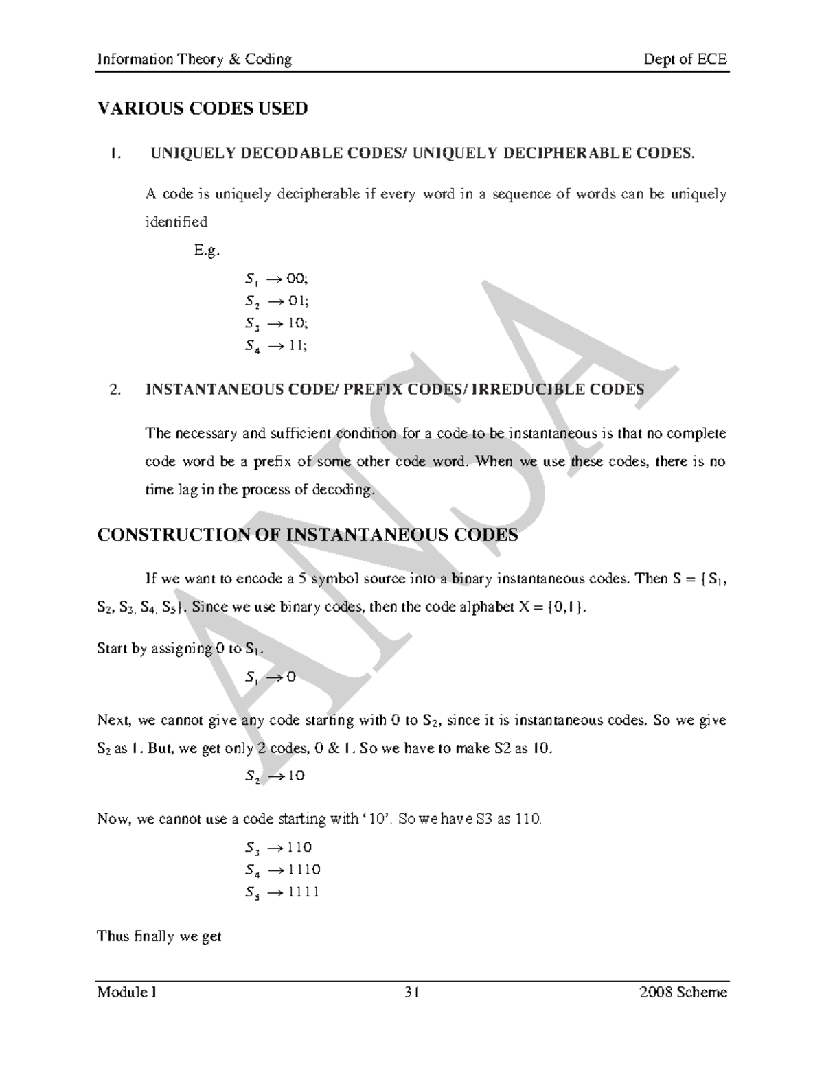 Instantaneous Code & Kraft Inequality - VARIOUS CODES USED 1. UNIQUELY DECODABLE CODES/ UNIQUELY ...