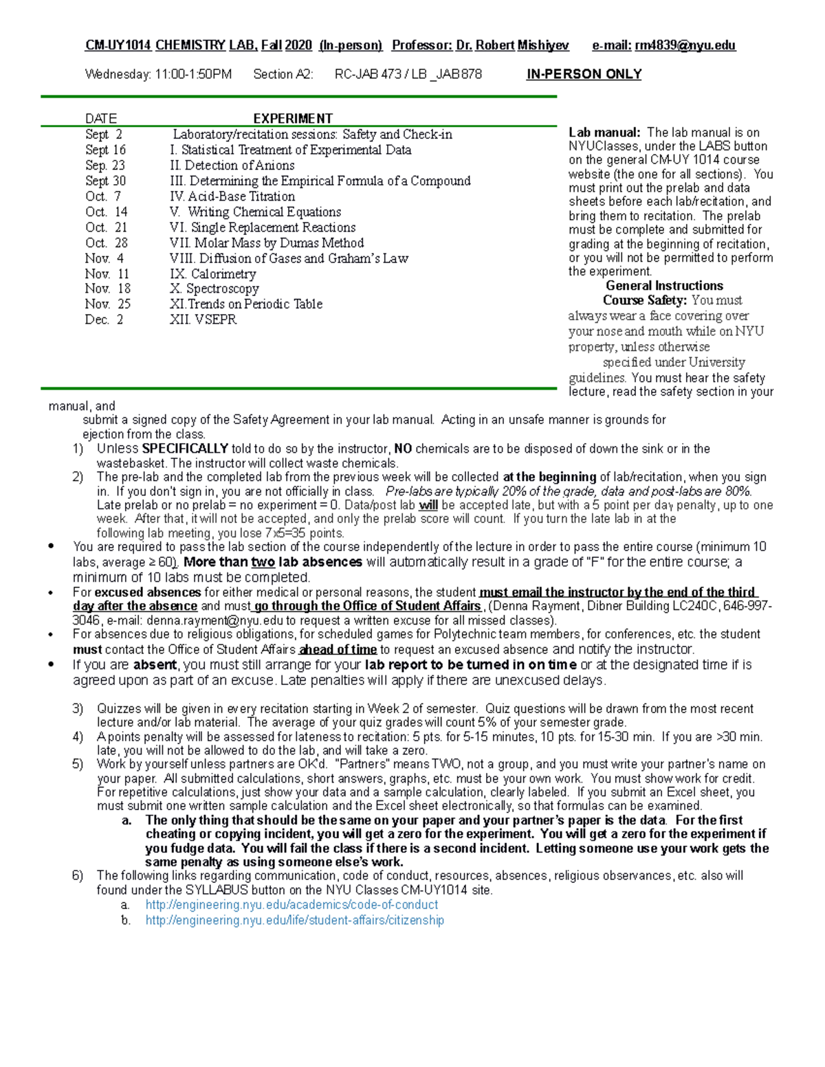 Syllabus CM1014 A2 F 20 - CM-UY1014 CHEMISTRY LAB, Fall 2020 (In-person ...