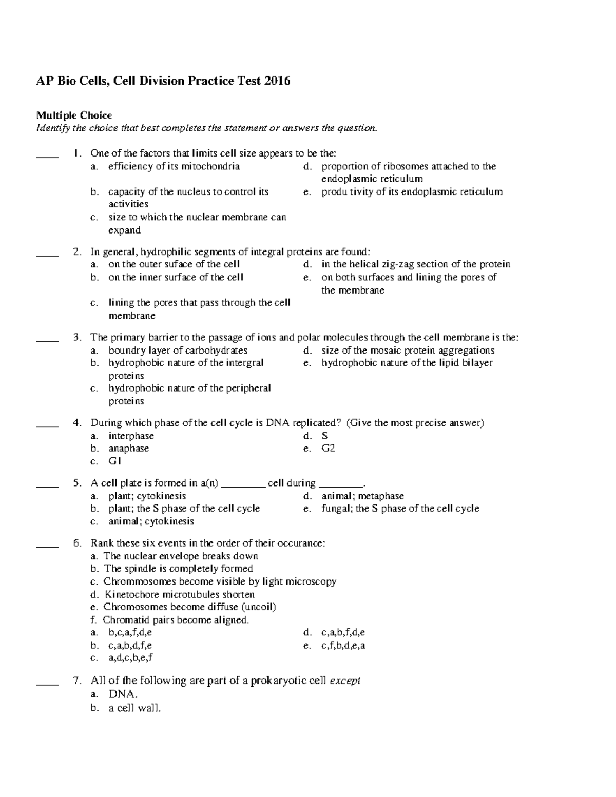 Cells bio- medium - AP Bio Cells, Cell Division Practice Test 2016 ...