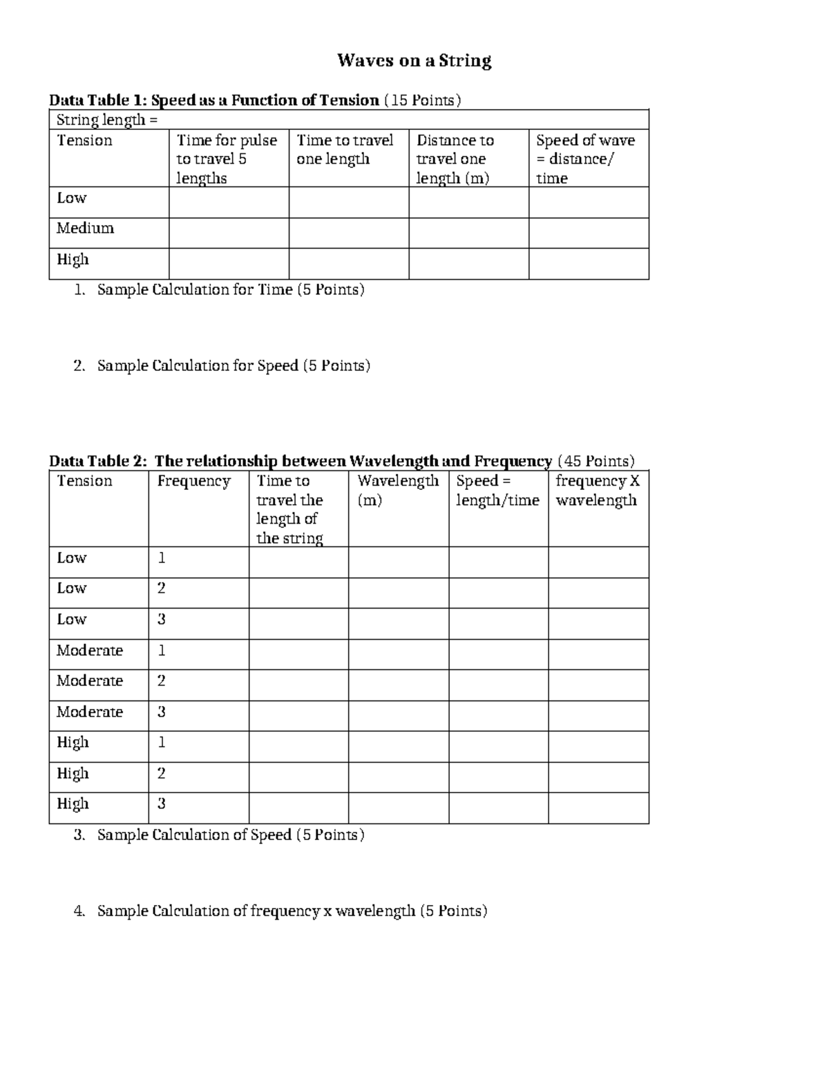 Waves On A String Virtual Lab Form - Waves on a String Data Table 1 ...