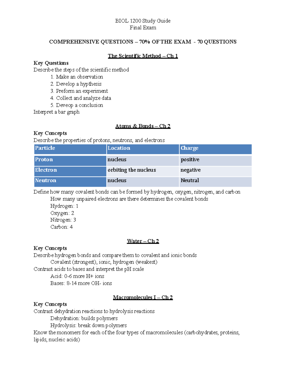 Human Biology Final Exam Study Guide no urinary endocrine - BIOL 1200 ...
