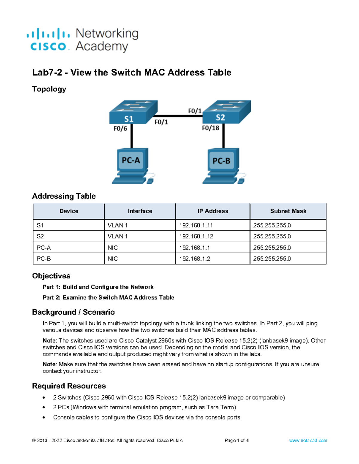 Lab7.2 - View the Switch MAC Address Table - Topology Addressing Table Device Interface IP ...