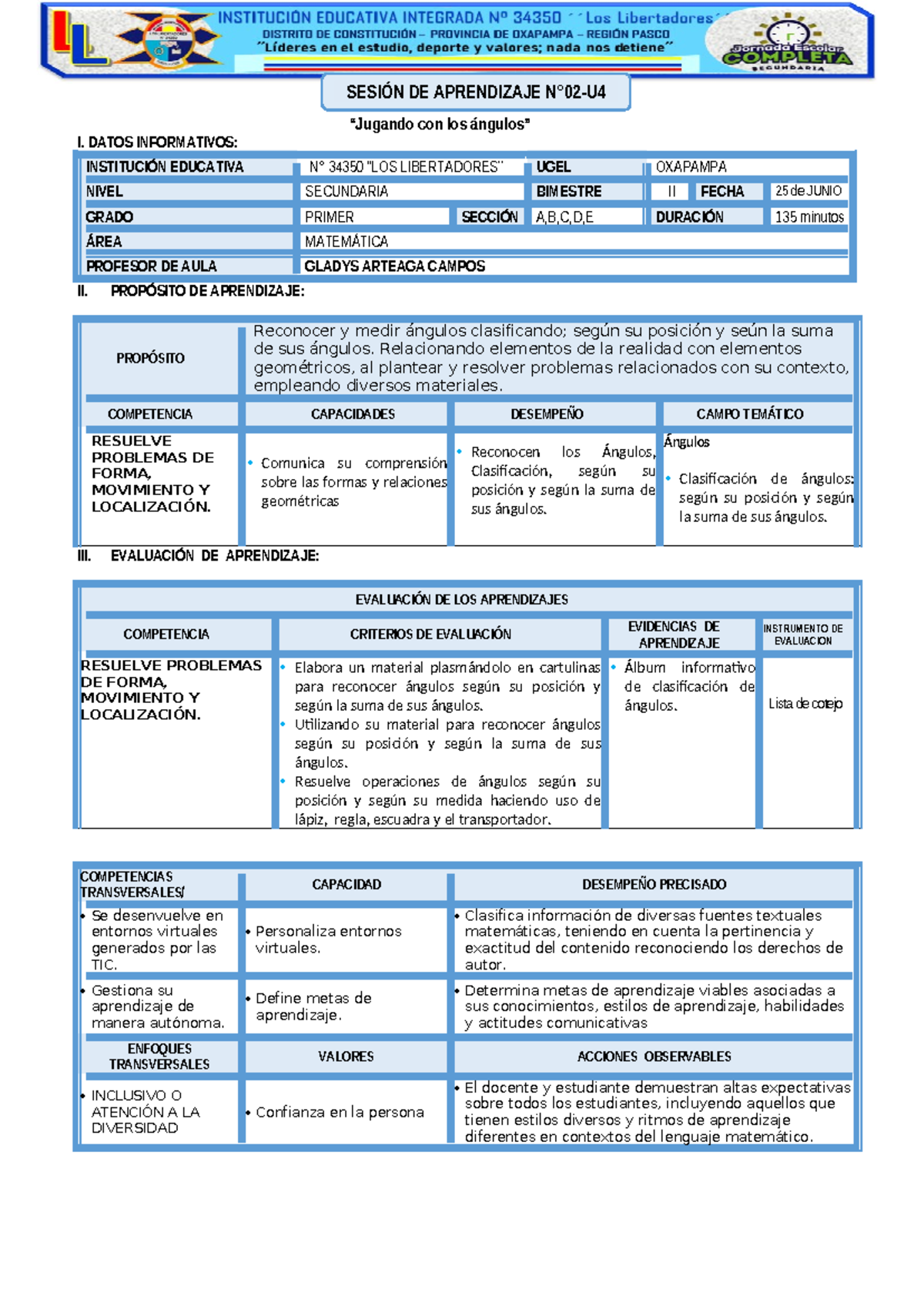 Sesión U4 2 ángulos su posición y según su medida - “Jugando con los ...