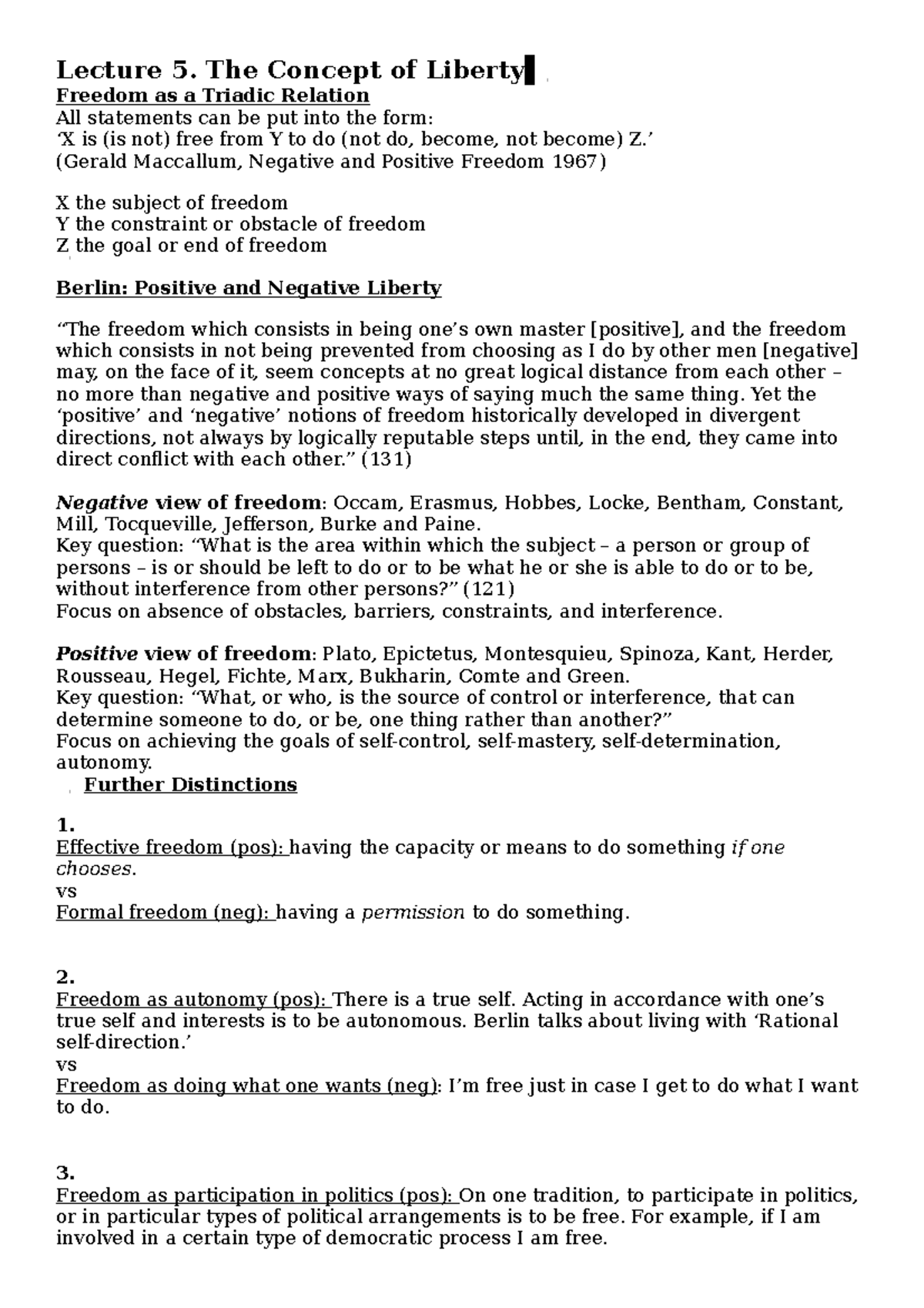 JH4 HL Handout 5 - Lecture notes 5 - Lecture 5. The Concept of Liberty ...