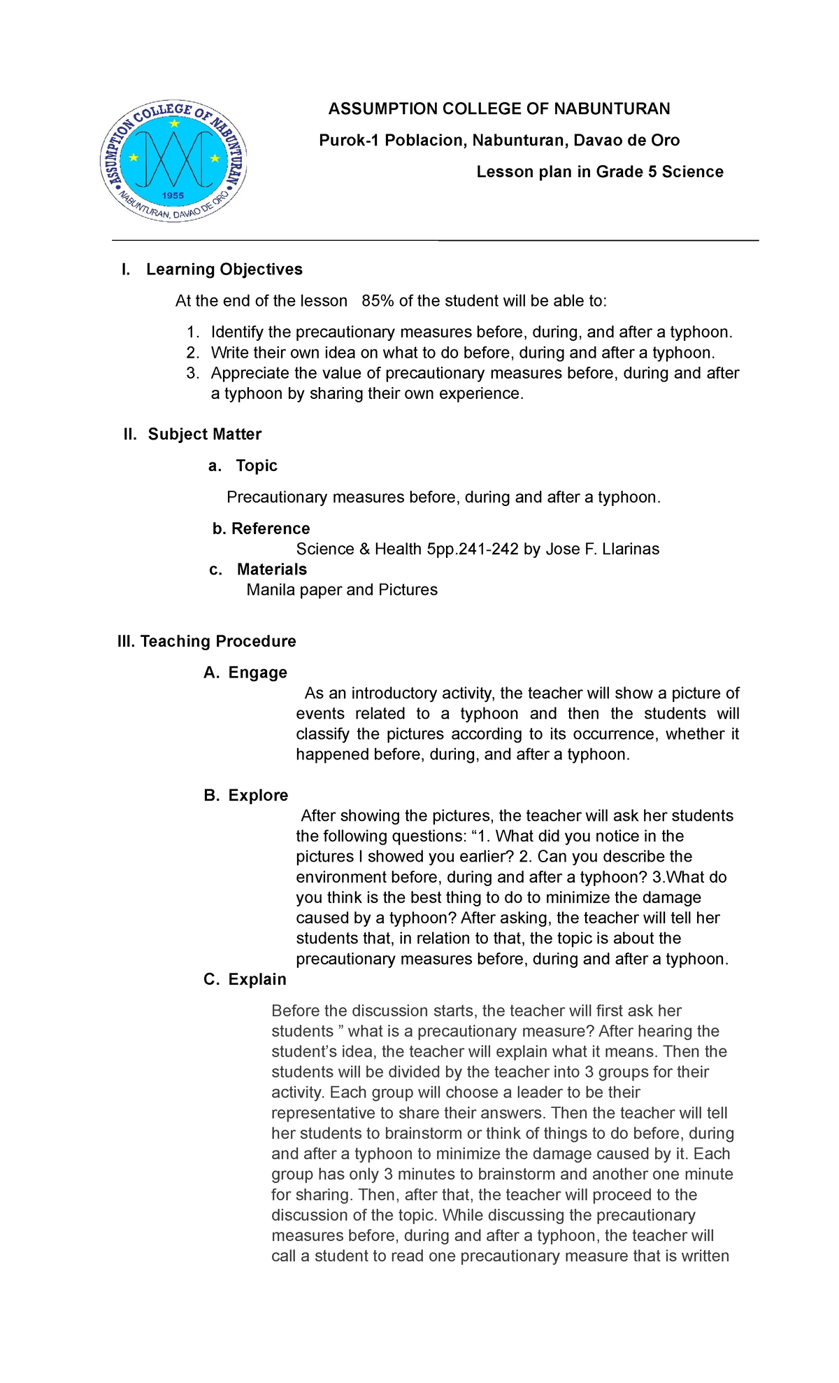 Final Lesson Plan for demo - ASSUMPTION COLLEGE OF NABUNTURAN Purok-1 ...