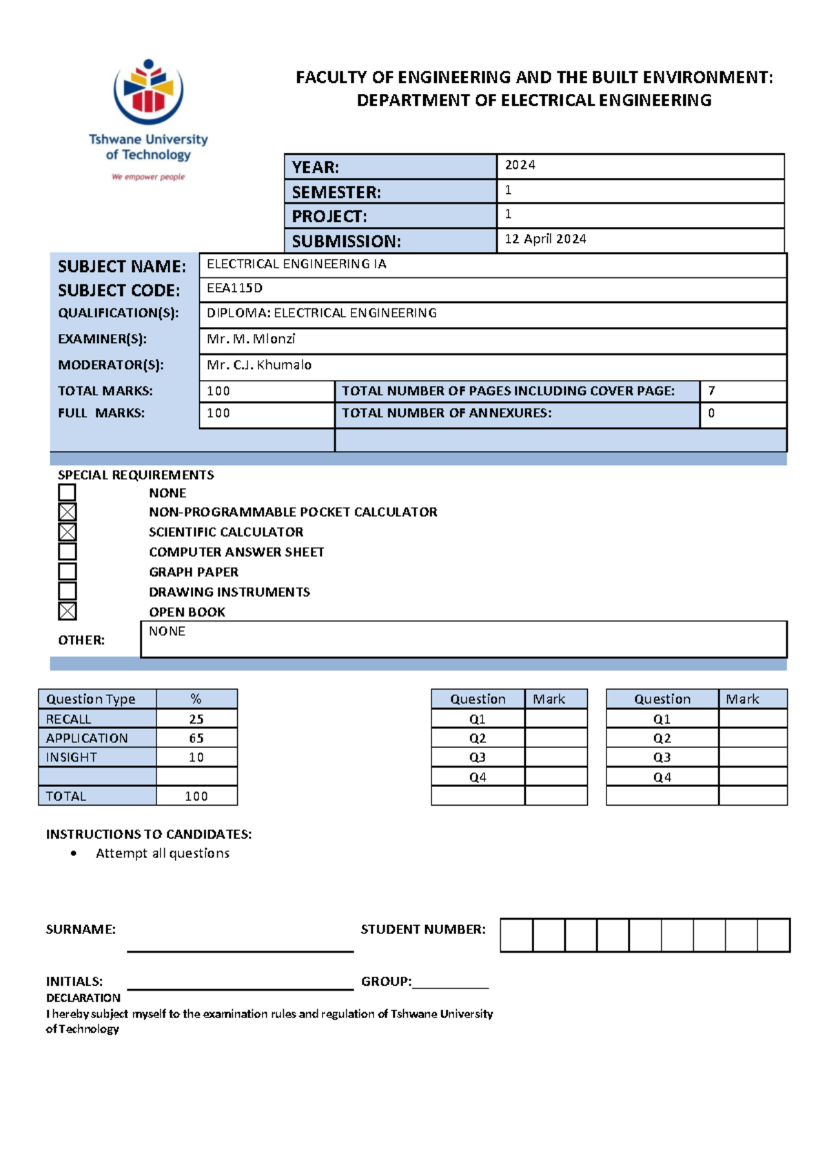 2024 EEA115D Project - SUBJECT NAME: ELECTRICAL ENGINEERING IA SUBJECT ...