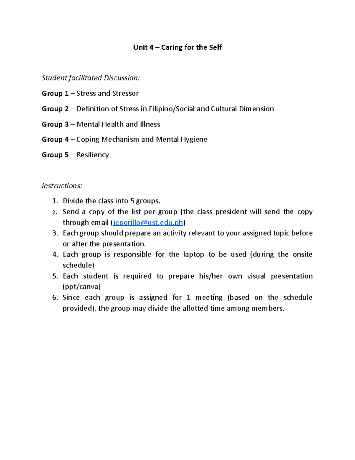 Unit 4 Student Facilitated Discussion - Unit 4 – Caring for the Self ...