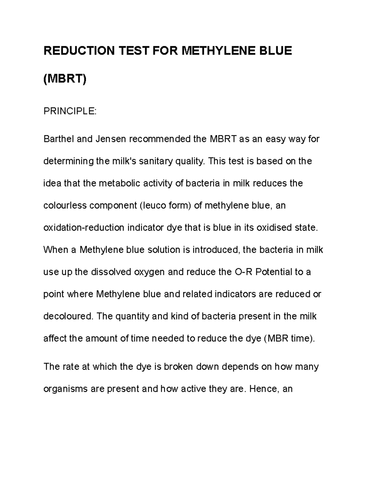 Reduction TEST FOR Methylene BLUE - REDUCTION TEST FOR METHYLENE BLUE ...