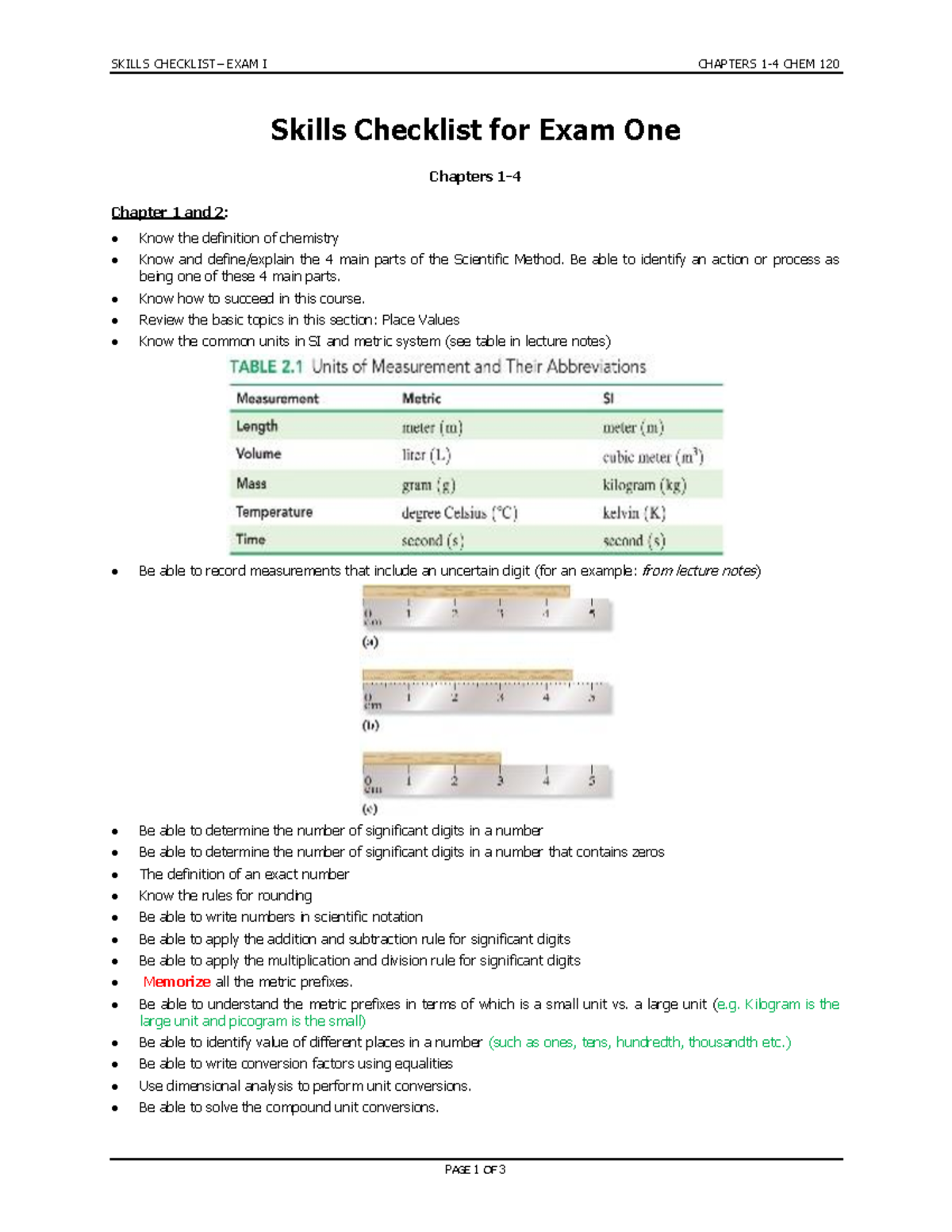 Study Guide - Exam I - Ch 1-4 - SKILLS CHECKLIST– EXAM I CHAPTERS 1-4 ...
