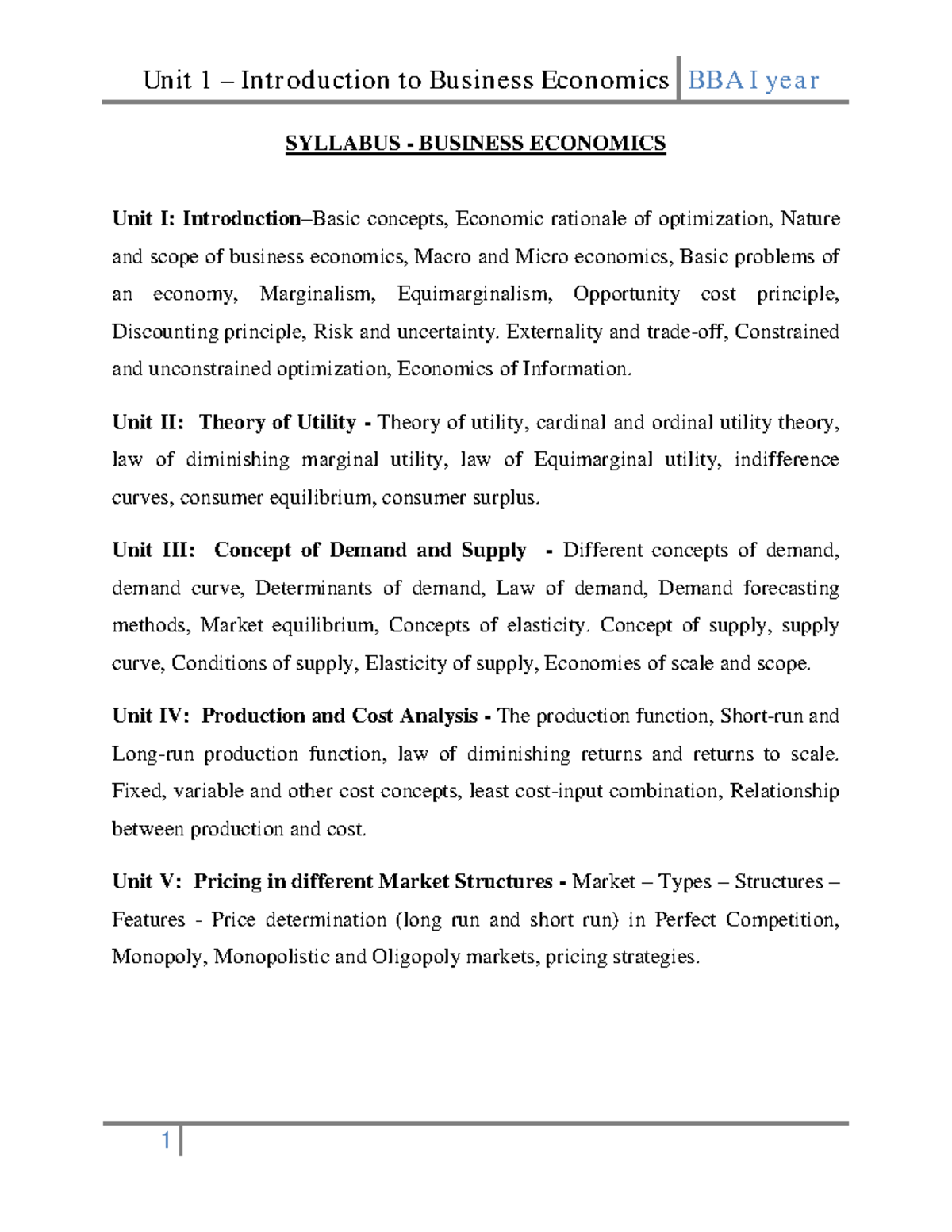 Business economics bba i sem - SYLLABUS - BUSINESS ECONOMICS Unit I ...