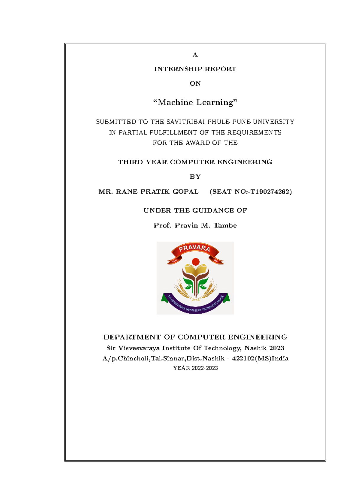 Sample Internship Report - A INTERNSHIP REPORT ON “Machine Learning ...