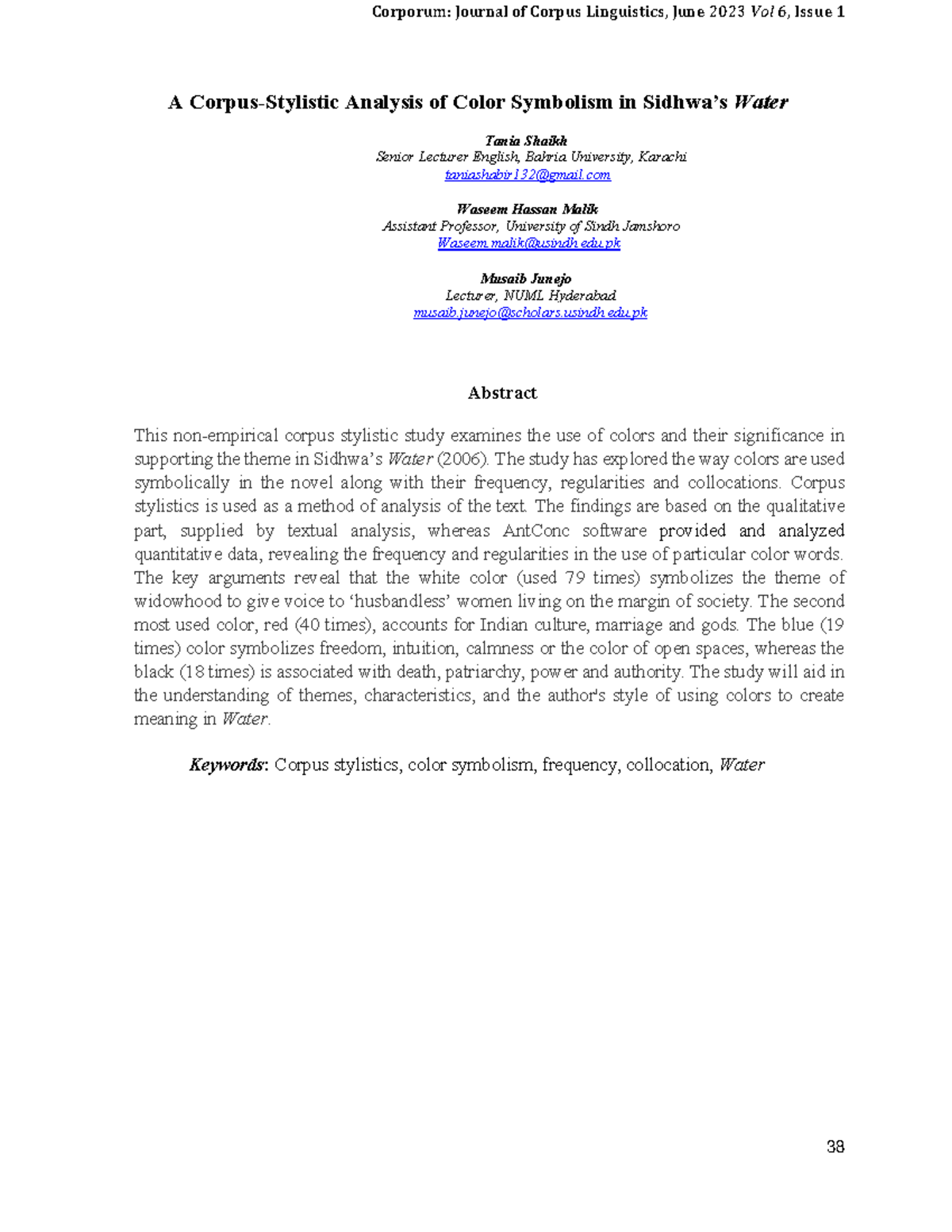 A Corpus-Stylistic Analysis of Color Symbolism in Sidhwa’s Water - A ...
