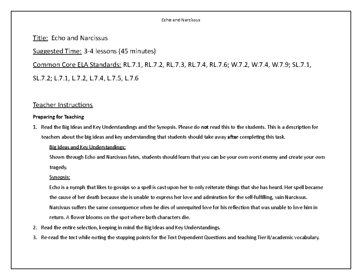 7. Echo and Narcissus. lesson - Story - Title: Echo and Narcissus ...
