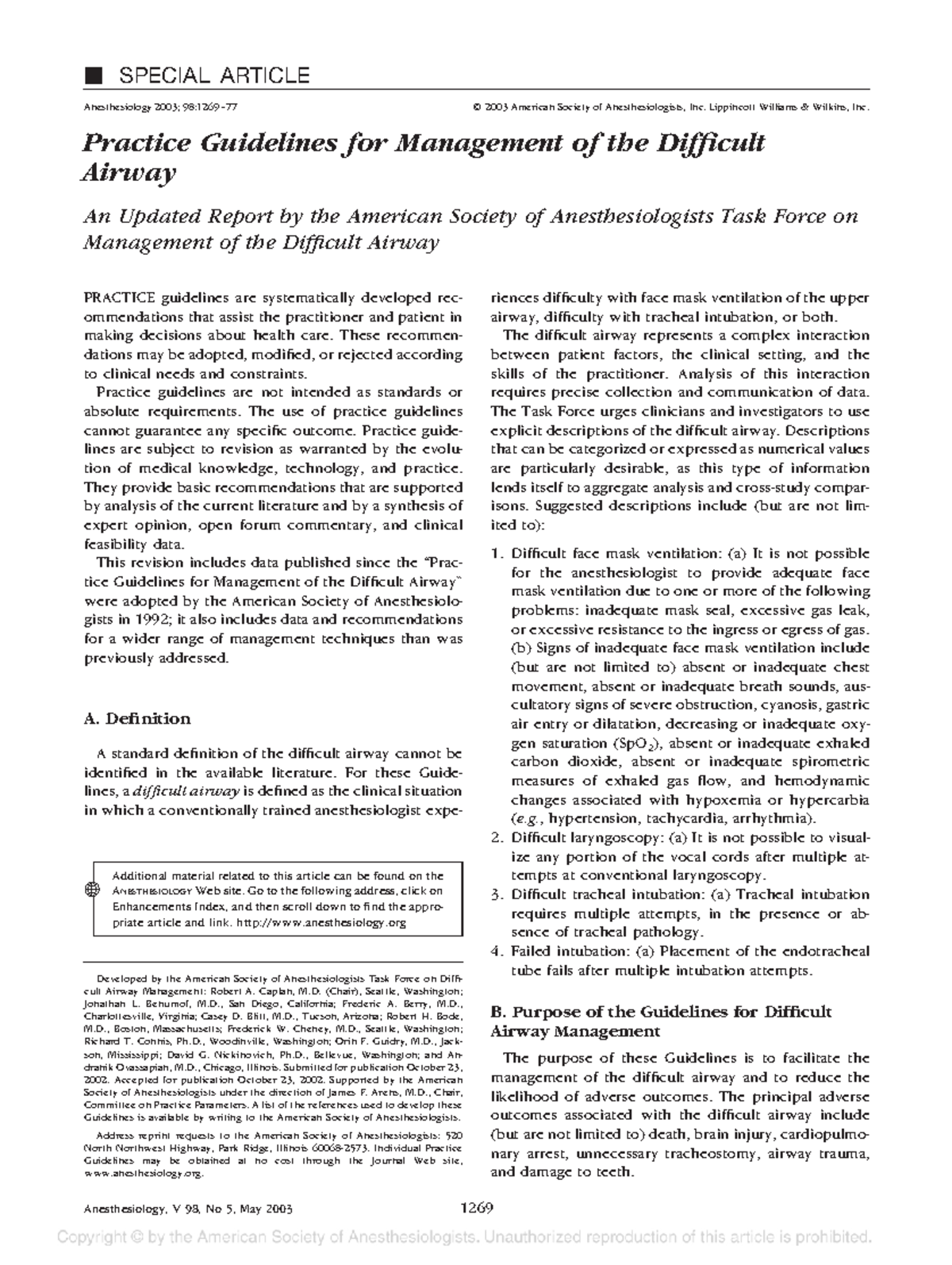 Difficult Airway - SPECIAL ARTICLE Anesthesiology 2003; 98:1269 –77 ...