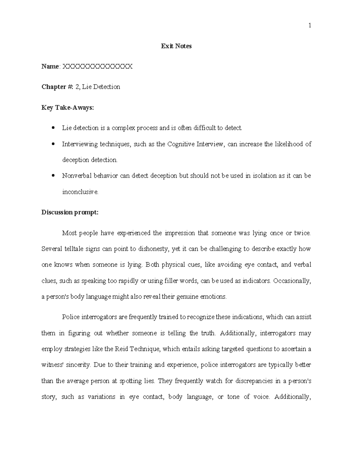 Psychology Exit Notes - 1 Exit Notes Name: XXXXXXXXXXXXXX Chapter #: 2 ...