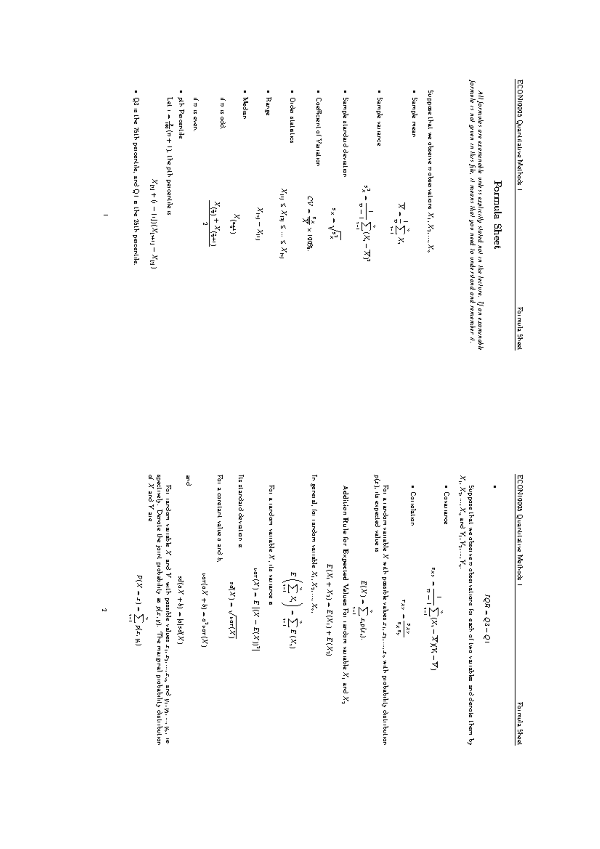 Formula sheet MST N - ECON10005 Quantitative Methods 1 Formula Sheet Formula Sheet All formulas ...