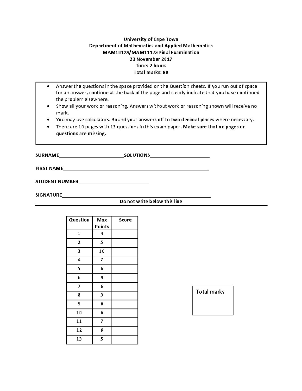 Exam 2017, questions and answers - University of Cape Town Department ...