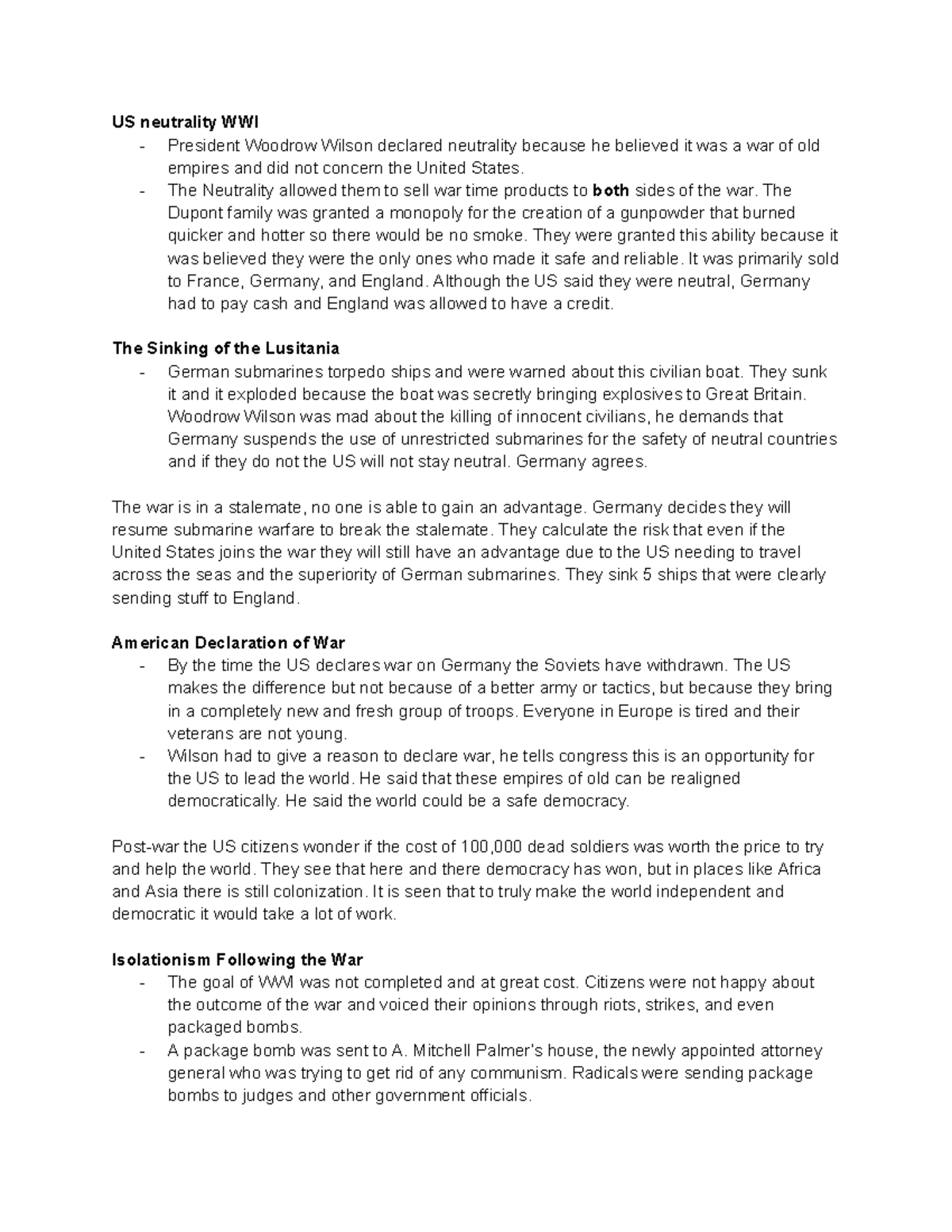 Revised HIST106 Exam 2 Notes - US neutrality WWI - President Woodrow ...