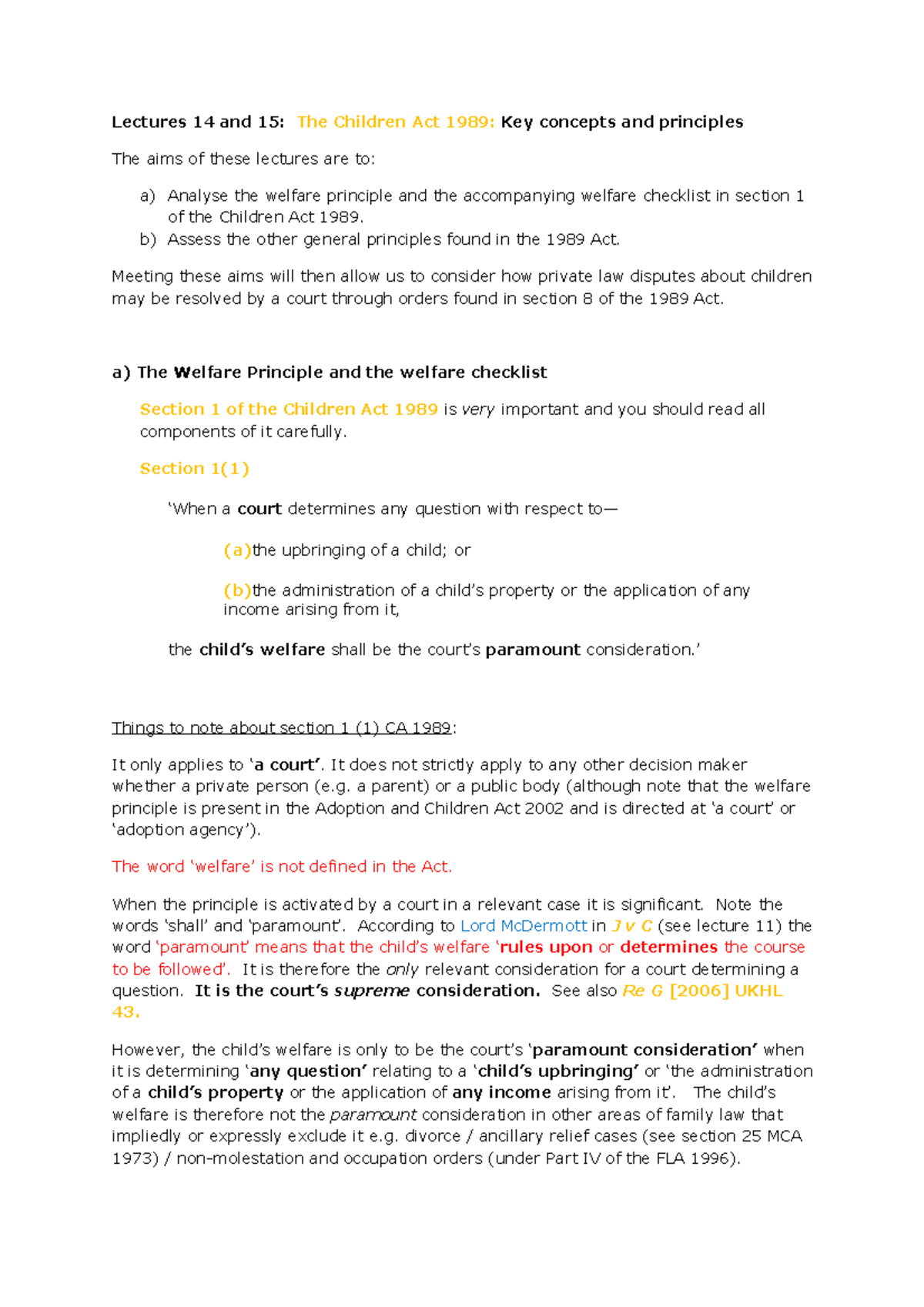 The Welfare Principle - Lectures 14 and 15: The Children Act 1989: Key ...