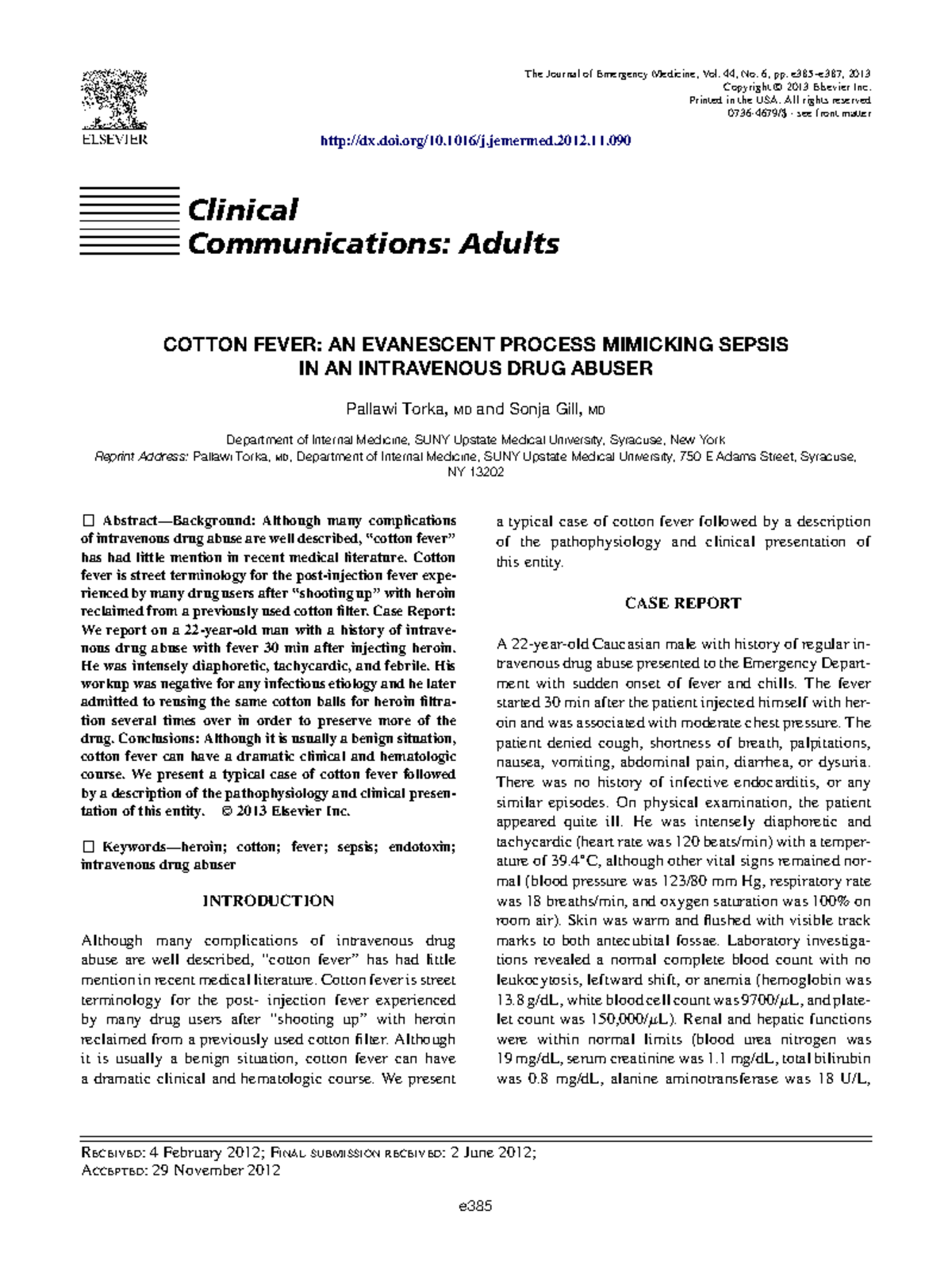 Torka 2013 - Y - idk - Clinical Communications: Adults COTTON FEVER: AN ...