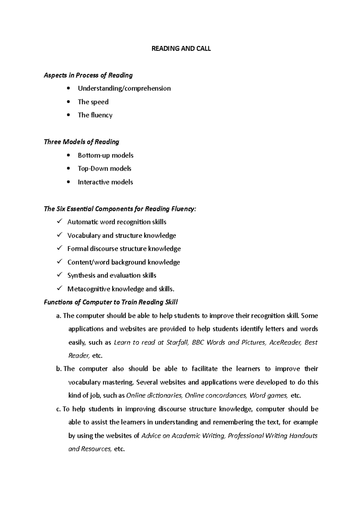 Reading and CALL - READING AND CALL Aspects in Process of Reading ...