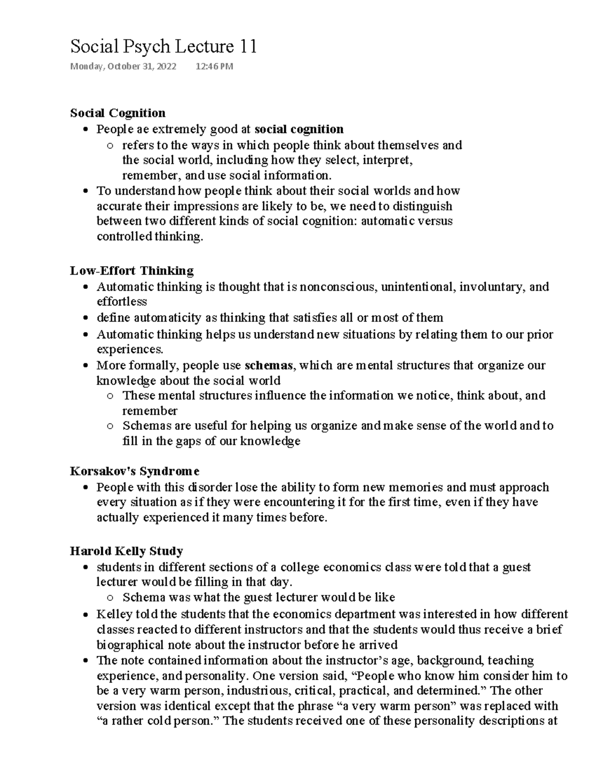 Social Psych Lecture 12 - Social Cognition People ae extremely good at social cognition refers ...