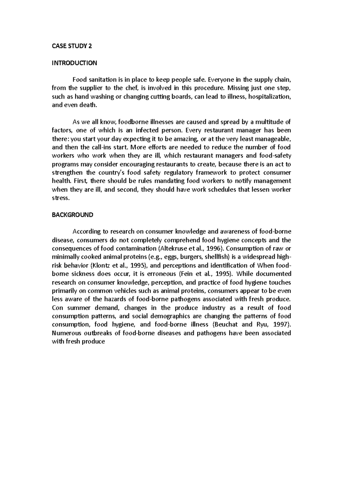 CASE- Study-2 - Hahshs - CASE STUDY 2 INTRODUCTION Food sanitation is ...