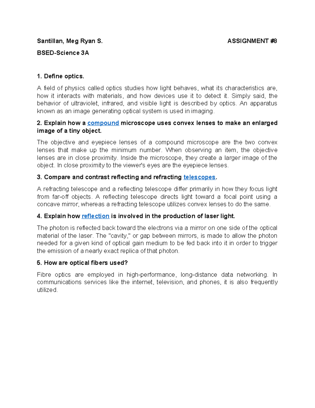 Waves and Optics - Santillan, Meg Ryan S. ASSIGNMENT # BSED-Science 3A ...