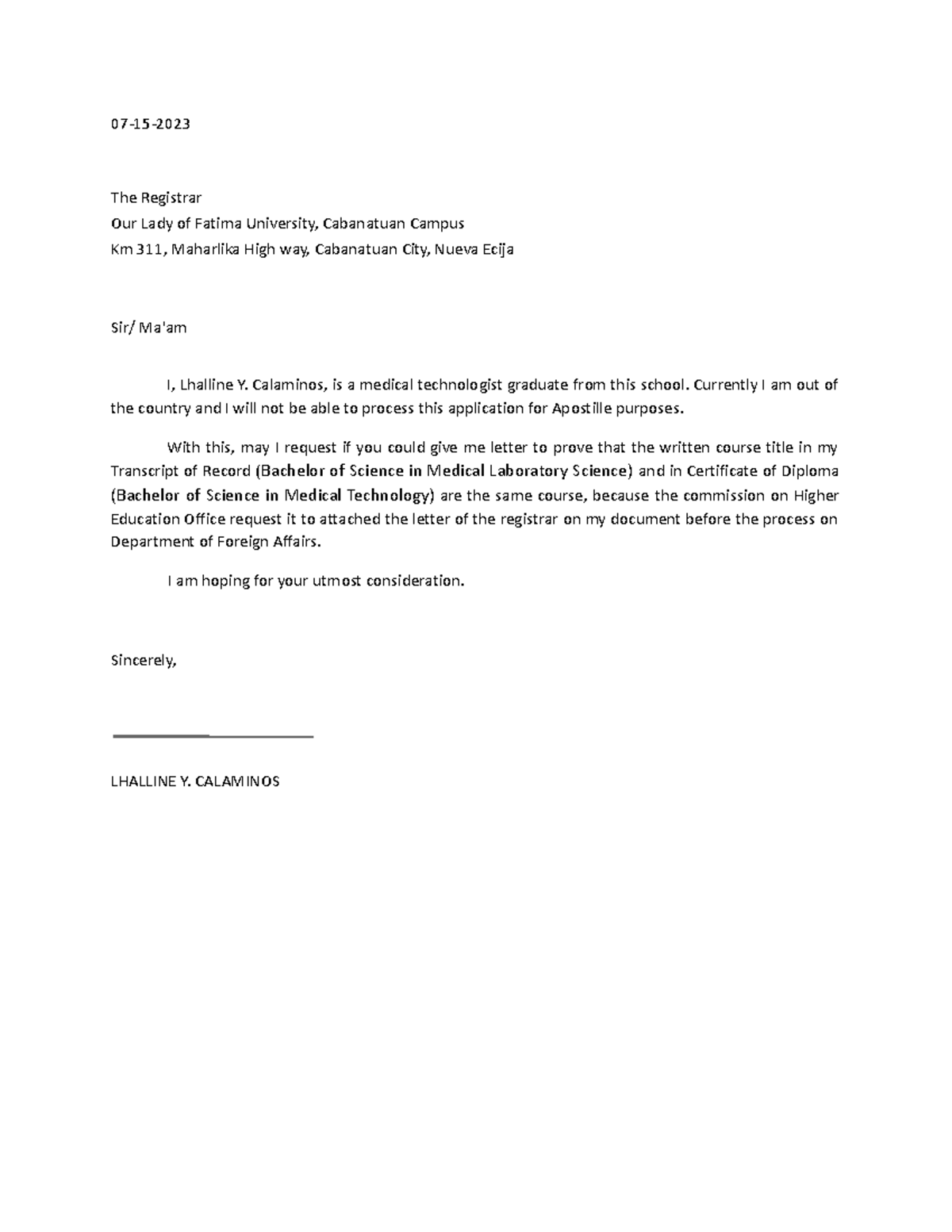 Request-letter - 07-15- The Registrar Our Lady of Fatima University ...