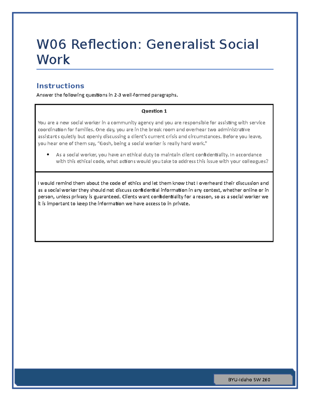 Sw W06 Reflection - 2022 - W06 Reflection: Generalist Social Work ...