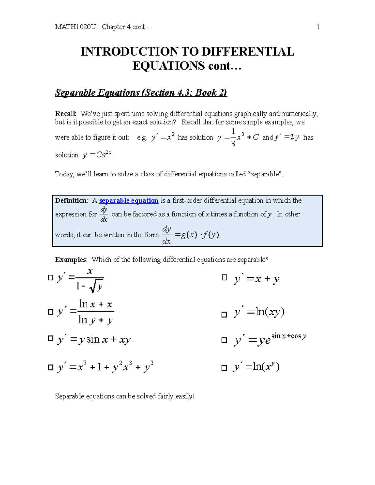 Mod5b separableodeapplic - INTRODUCTION TO DIFFERENTIAL EQUATIONS cont ...